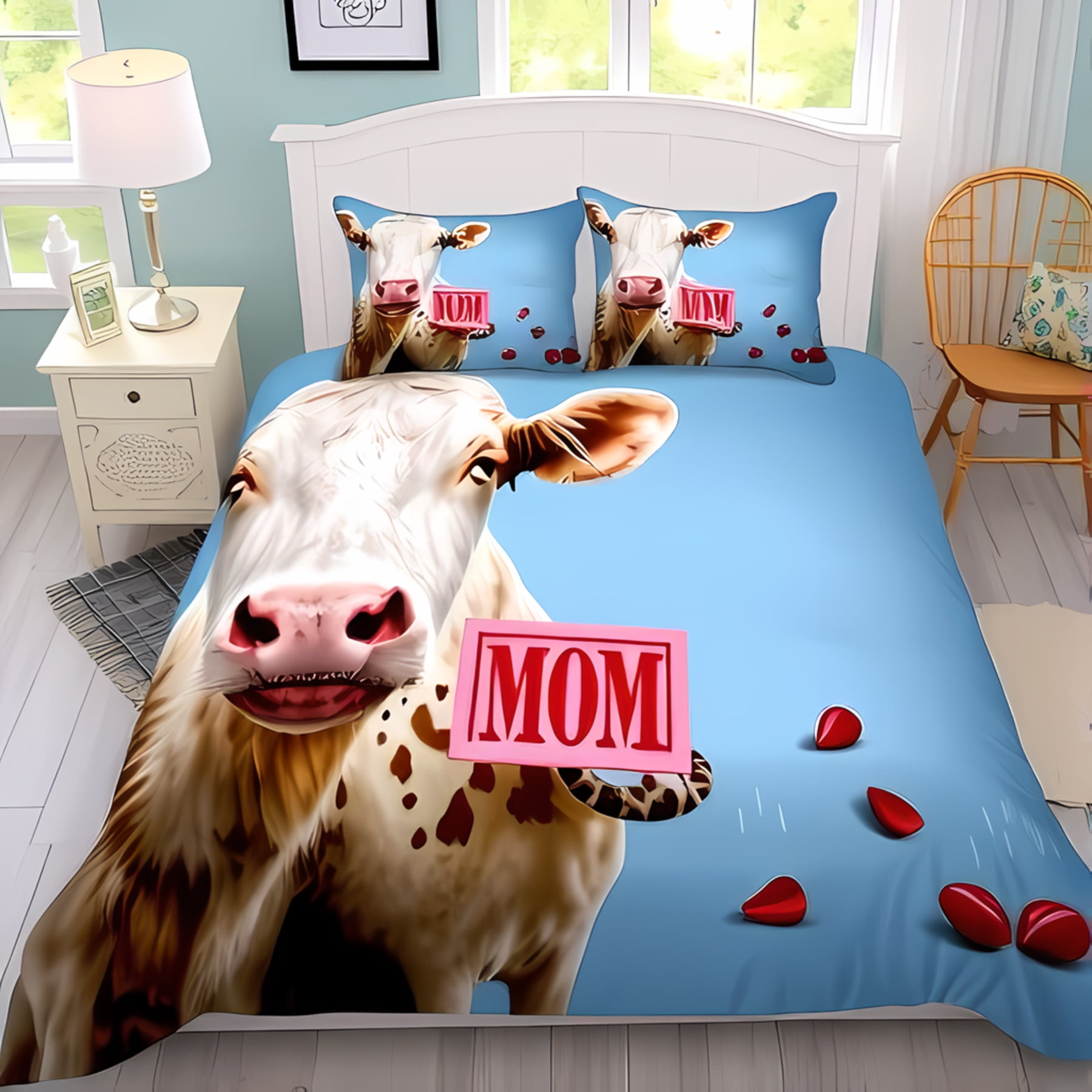 Whimsical 3-Piece Light Blue Duvet Cover Set with Friendly Cow Design ...