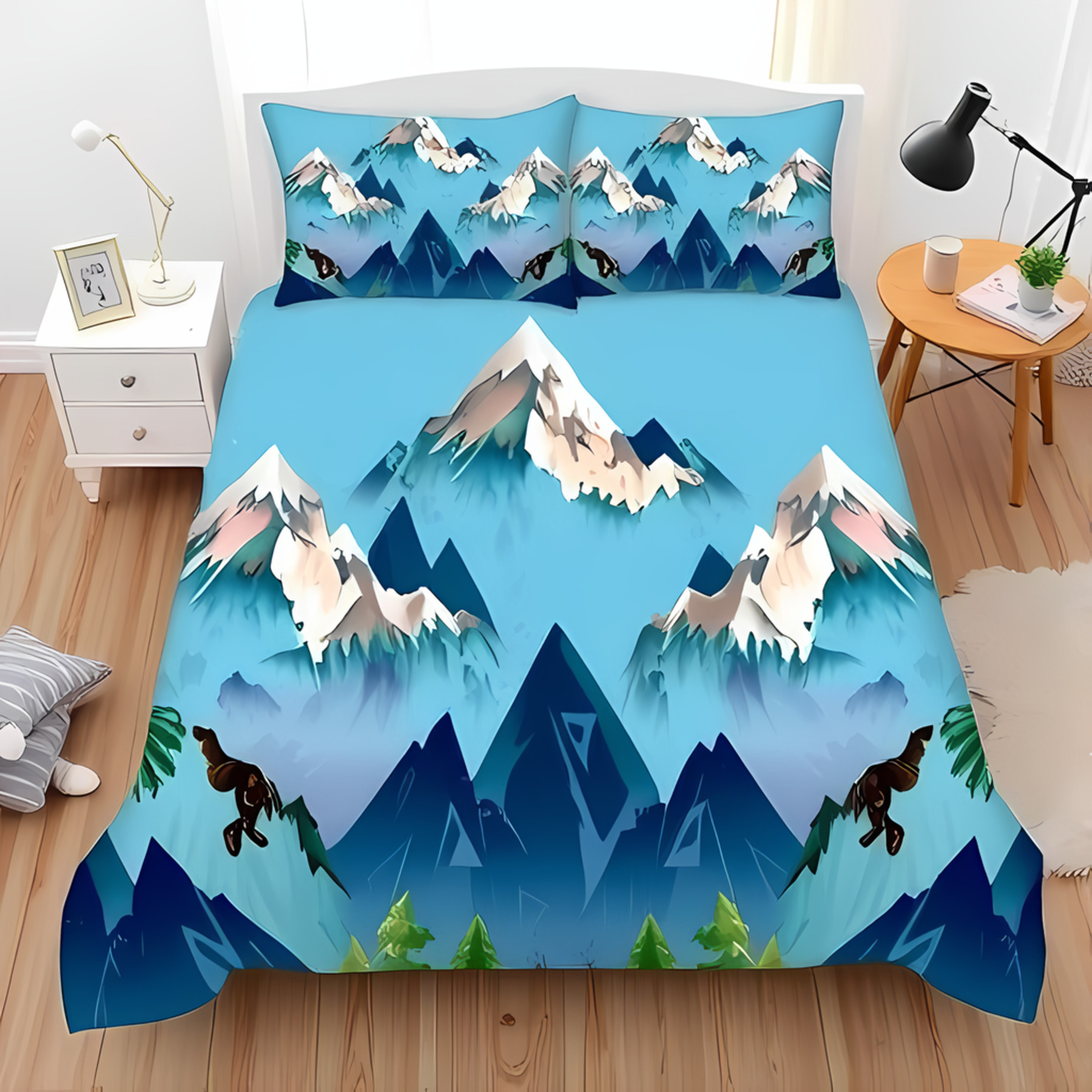 Whimsical 3-Piece Light Blue Duvet Cover Set with Mountain Cozy Nature ...