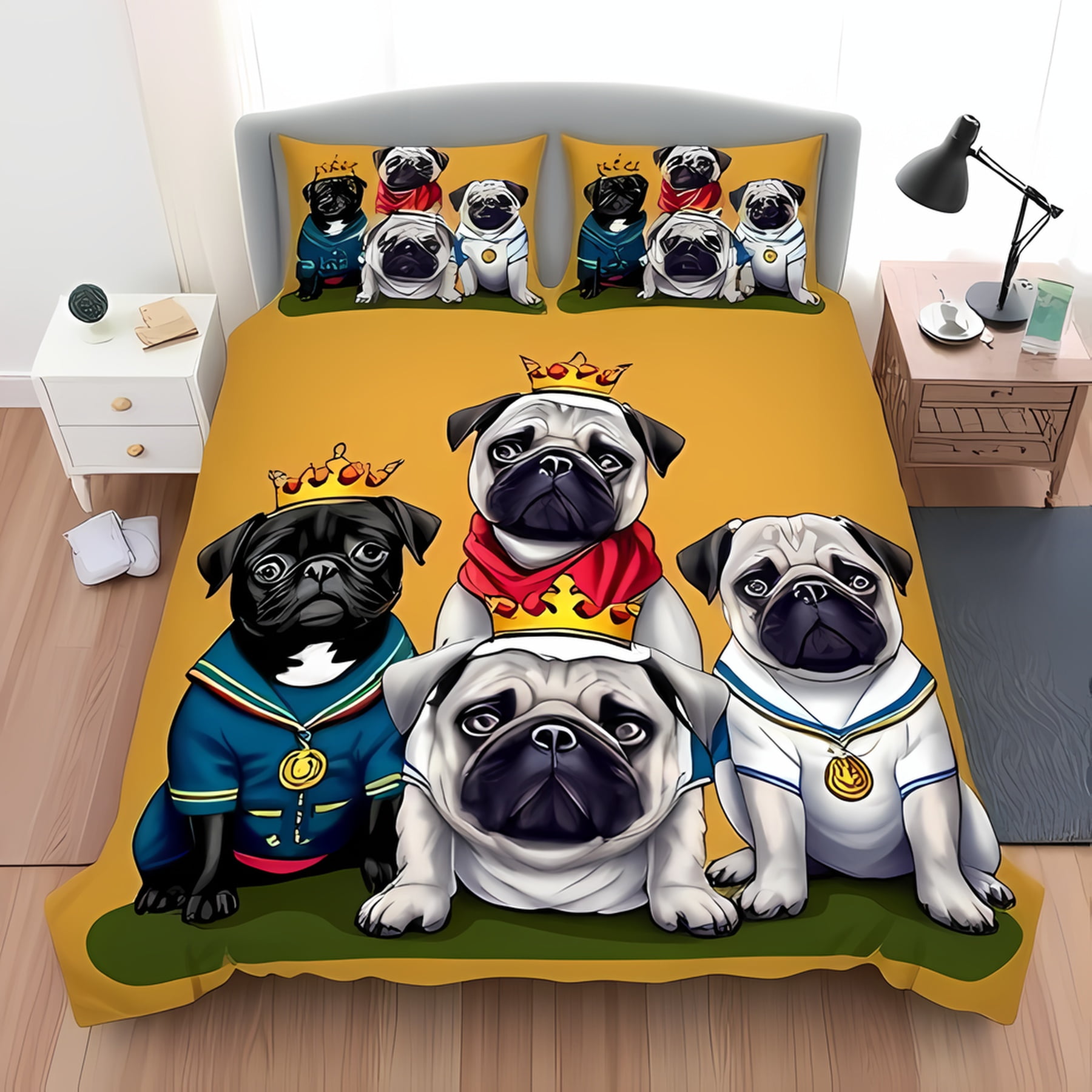 Whimsical 3-Piece Mustard-Yellow Duvet Cover & Pillowcase Set with Pugs ...