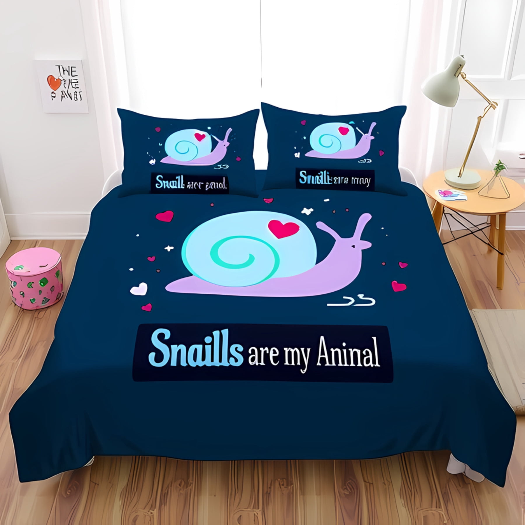 Whimsical 3-Piece Navy Blue Duvet Cover Set with Light Purple Snail ...