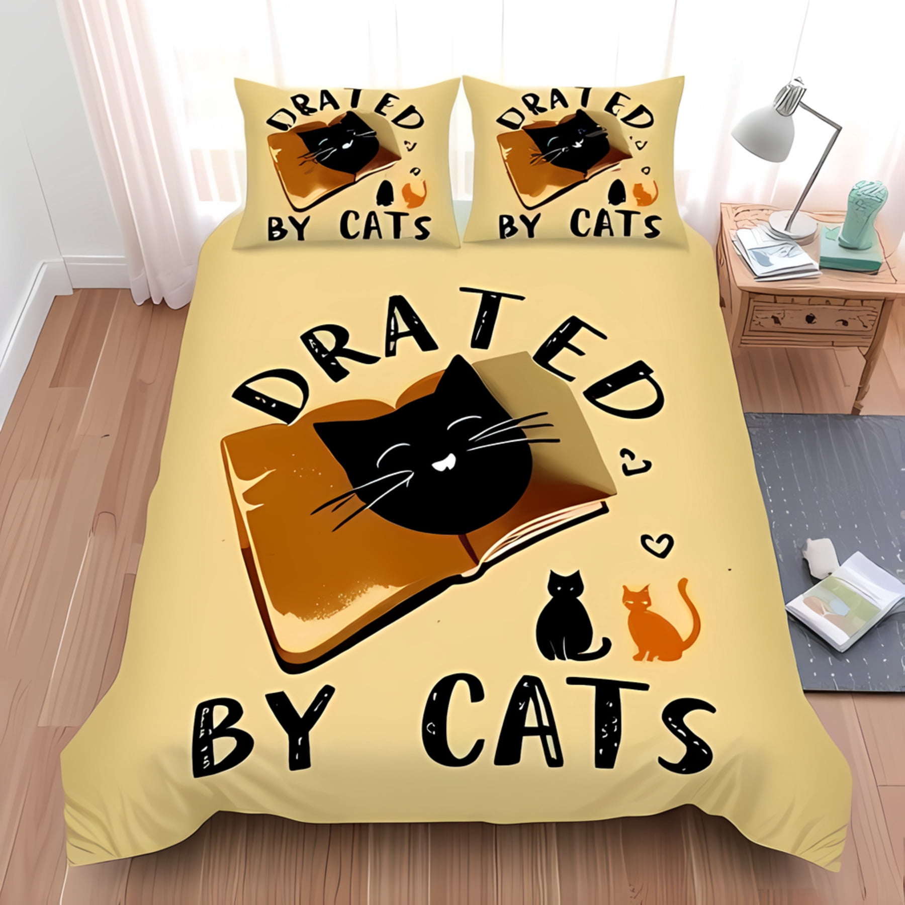 Whimsical 3-Piece Pastel Yellow Duvet Cover Set with Black Cat & Book ...