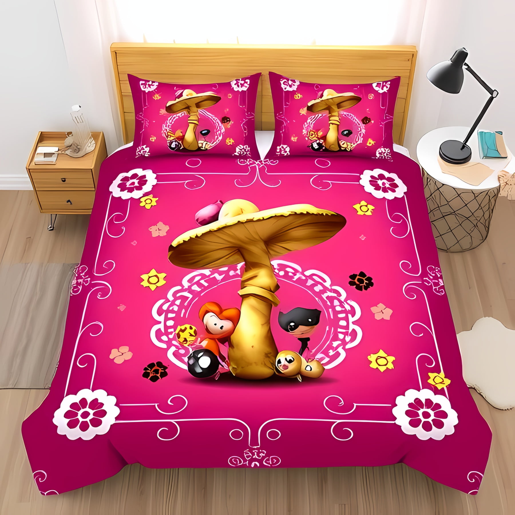 Whimsical 3-Piece Pink Bedding Set with Cartoon Characters & Mushroom ...