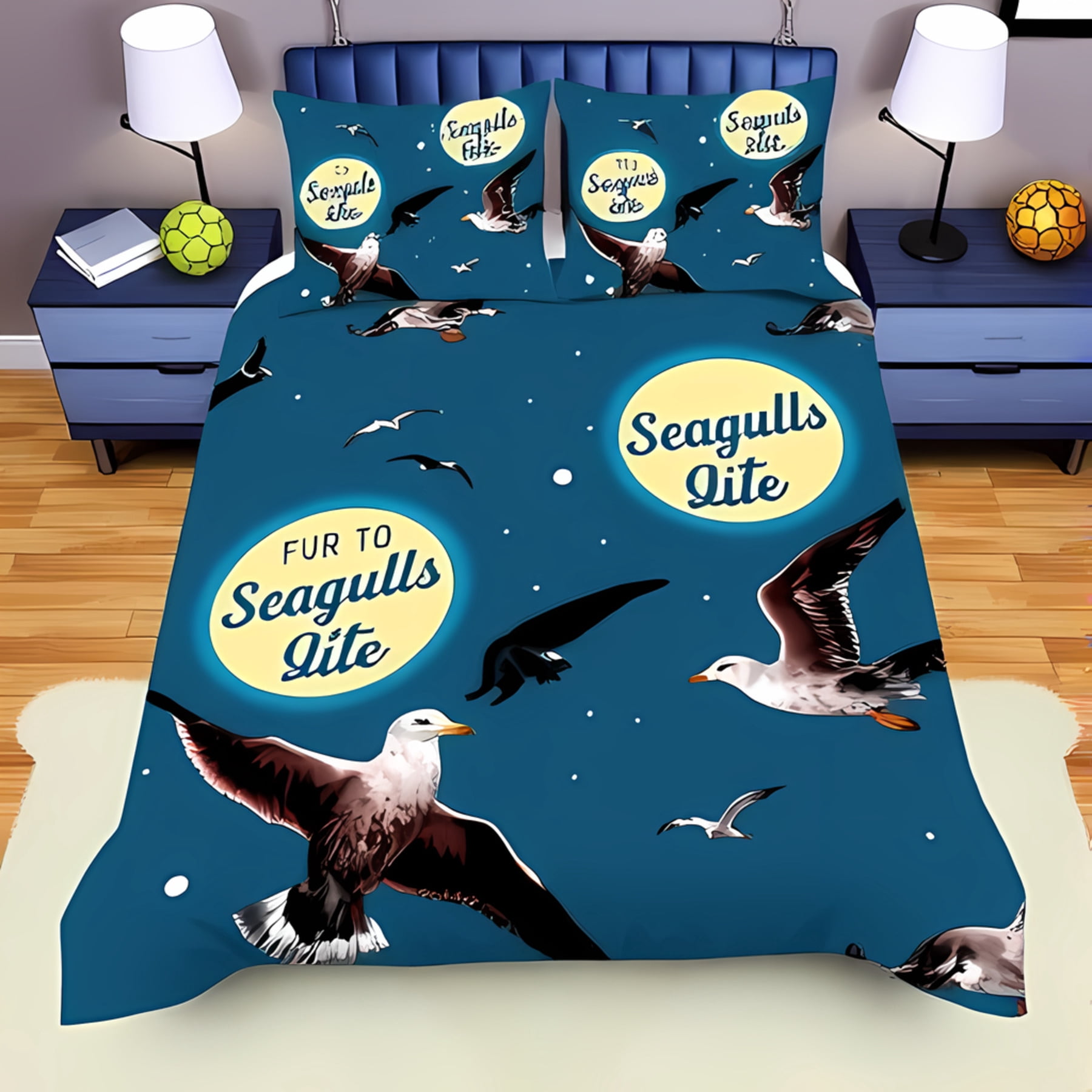 Whimsical 3-Piece Teal Duvet Cover Set with Seagulls & Moons - Cheerful ...