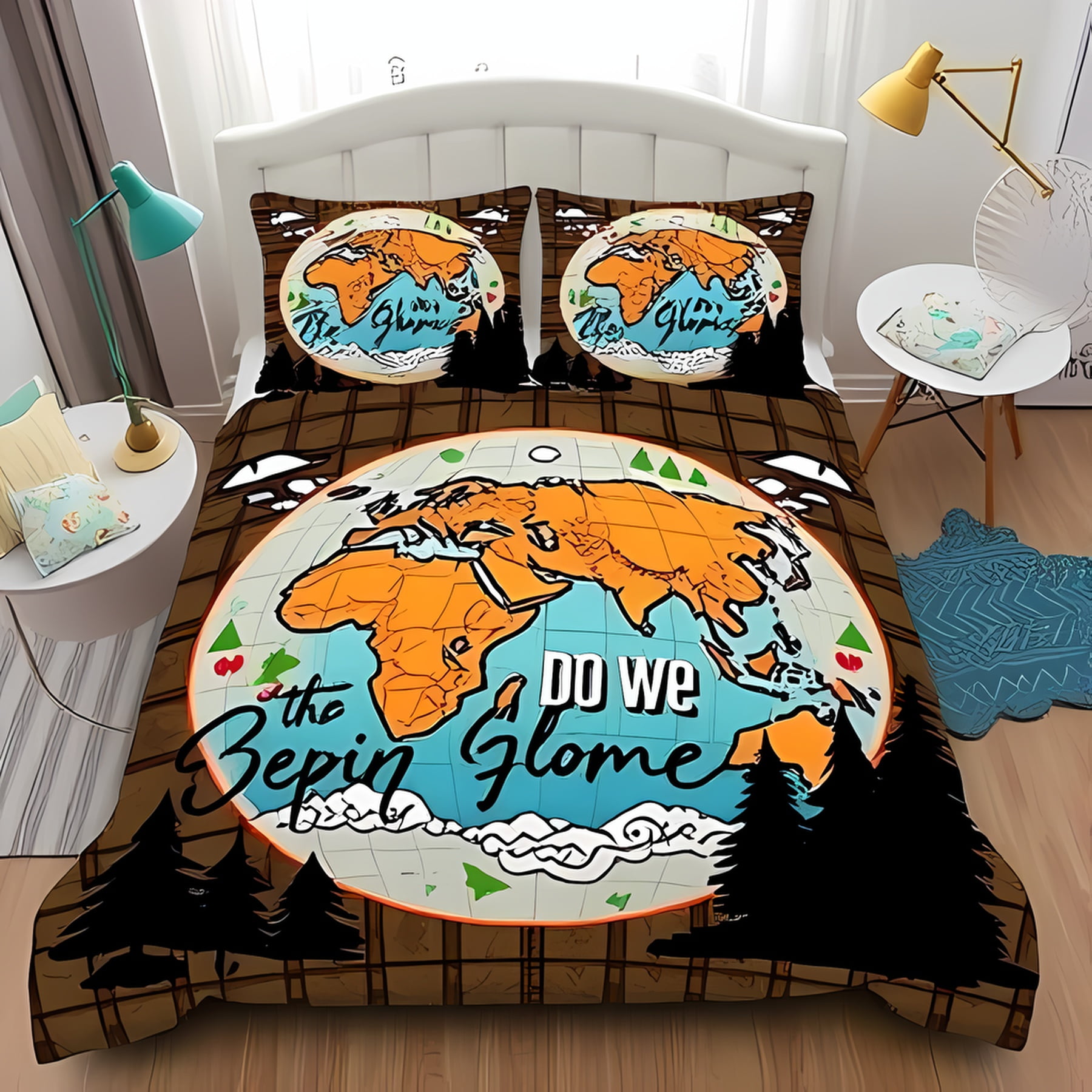 Whimsical 3-Piece World Map Duvet Cover Set with Pillow - Vintage Style ...