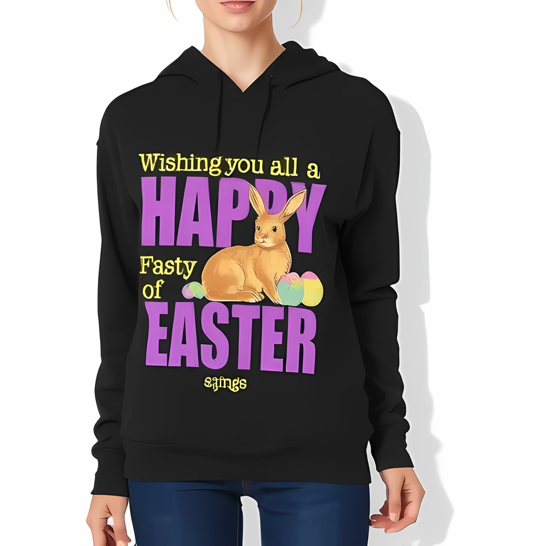 Whimsical 3D Black Hoodie with Purple 'Happy Fasty of Easter' Message ...