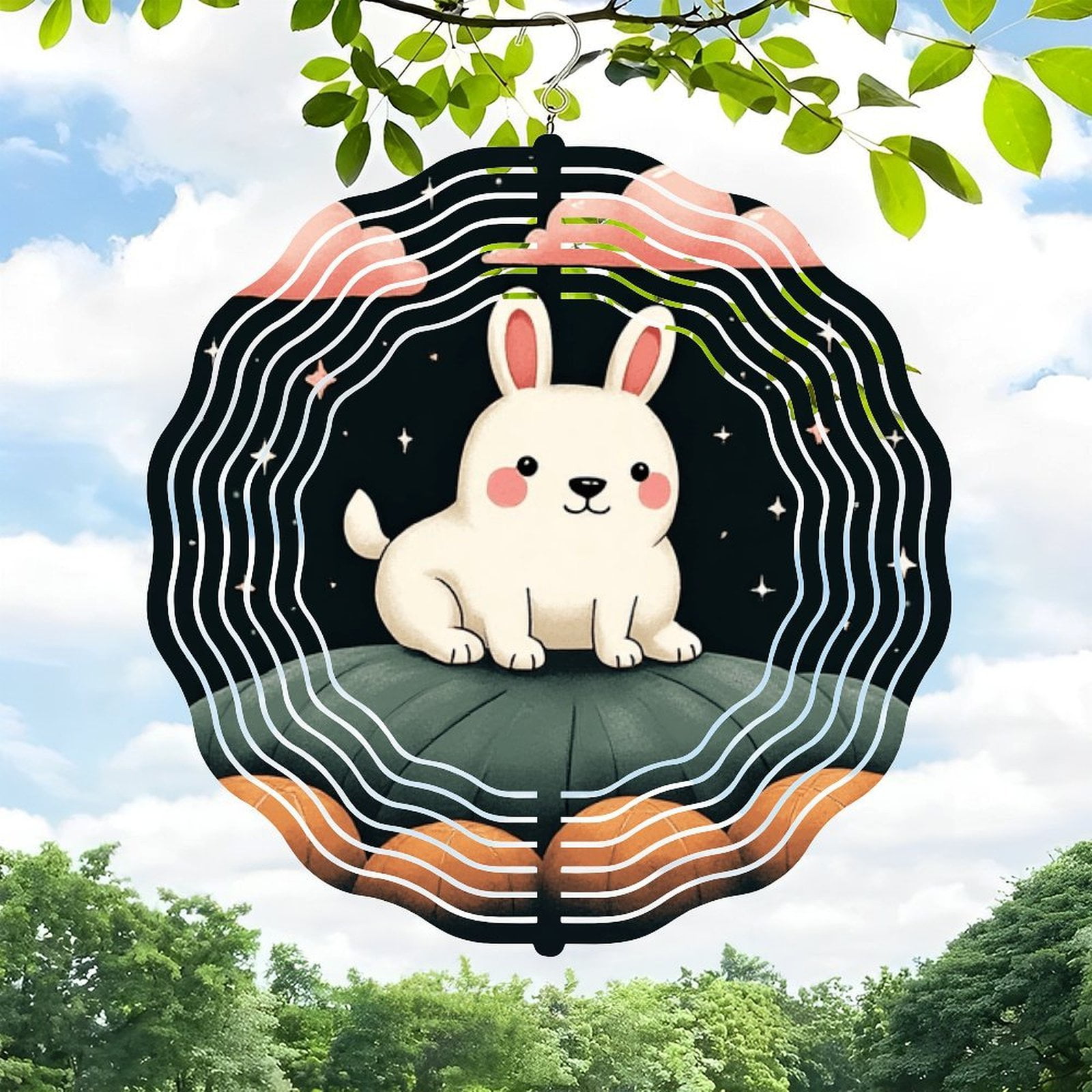Whimsical 3D Metal Hanging Wind Spinner - Rabbit Design with Sound Wave ...