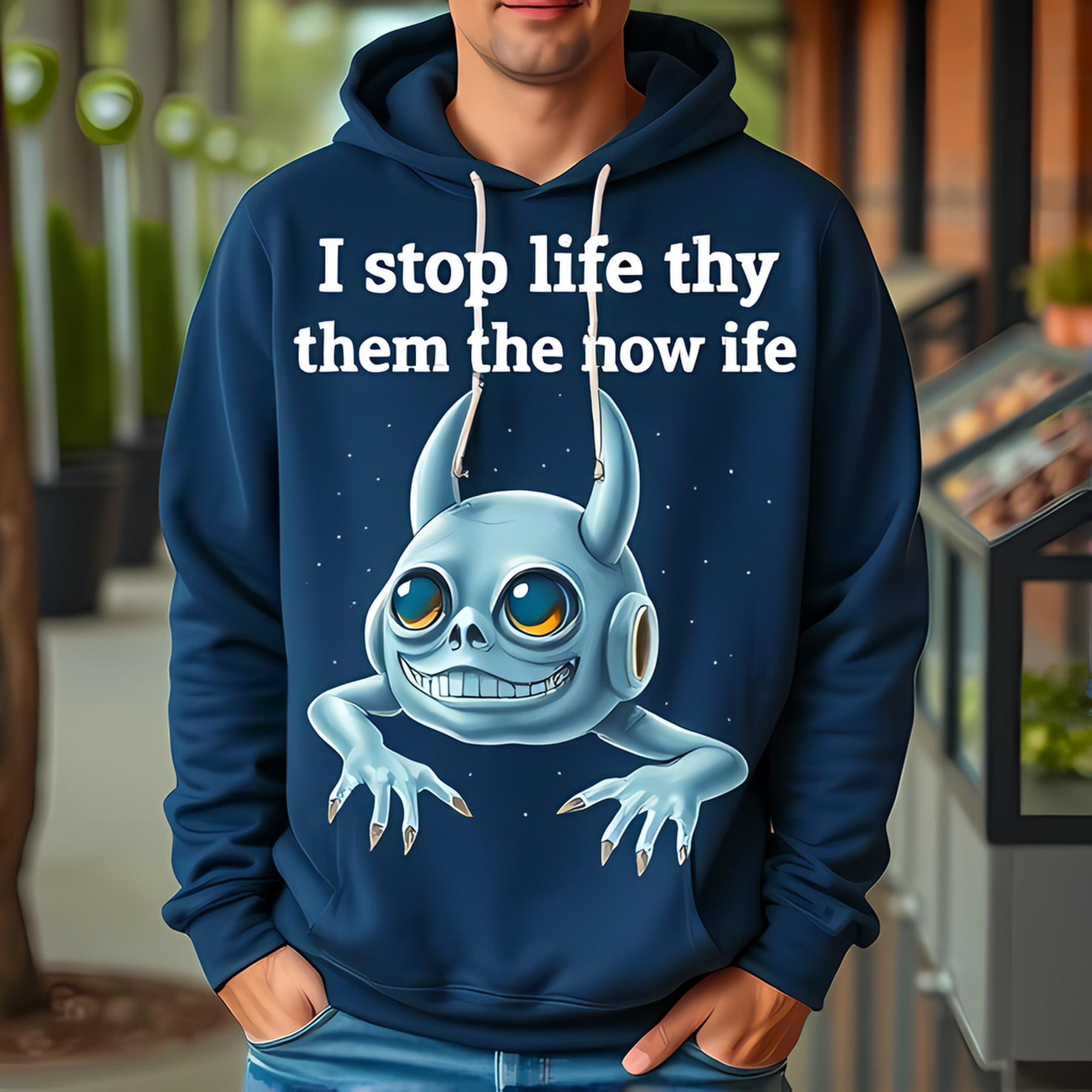 Whimsical 3D Navy Blue Hoodie with Friendly Cartoon Creature & Text ...
