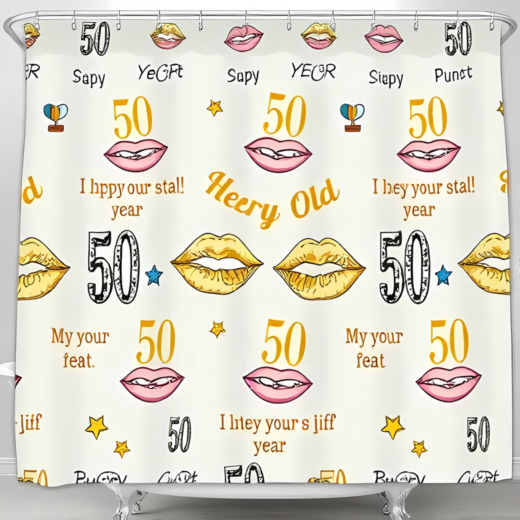 Whimsical 50th Birthday Shower Curtain with Playful Pattern of Stylized ...