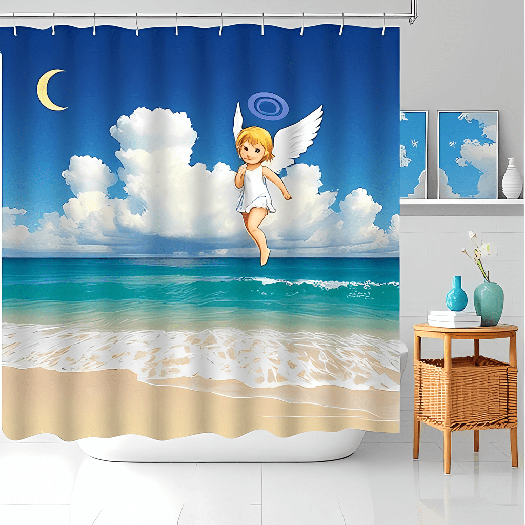 Whimsical Angel Shower Curtain - Cherubic Design with Ocean Scene ...