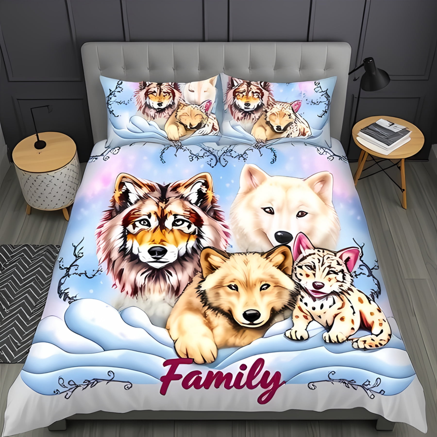 Whimsical Animal Bedding Set Cozy Winter Scene with Wolves & Spotted ...
