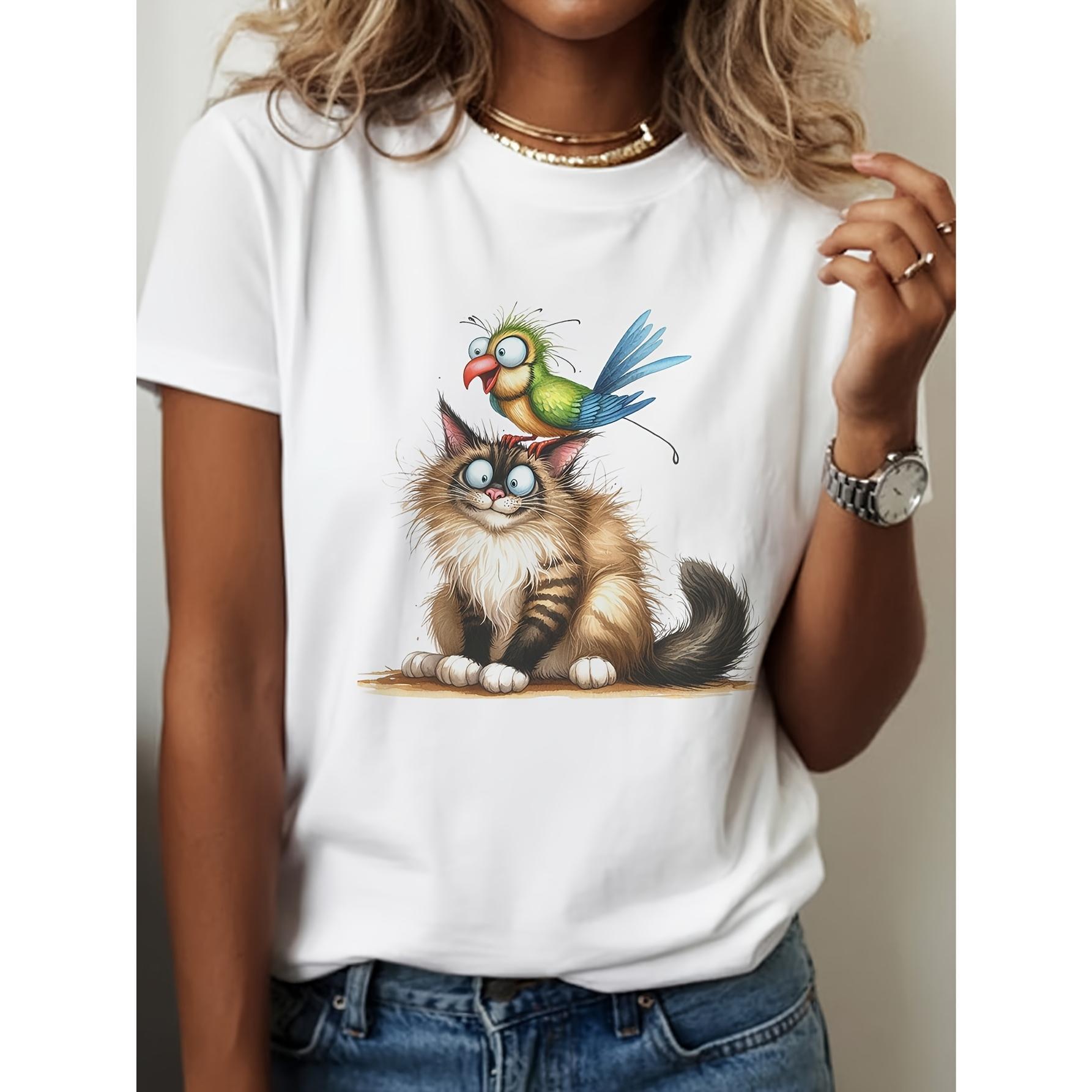 Whimsical Animal Duo Graphic Adorable Cat & Parrot with Goofy Eyes– A ...