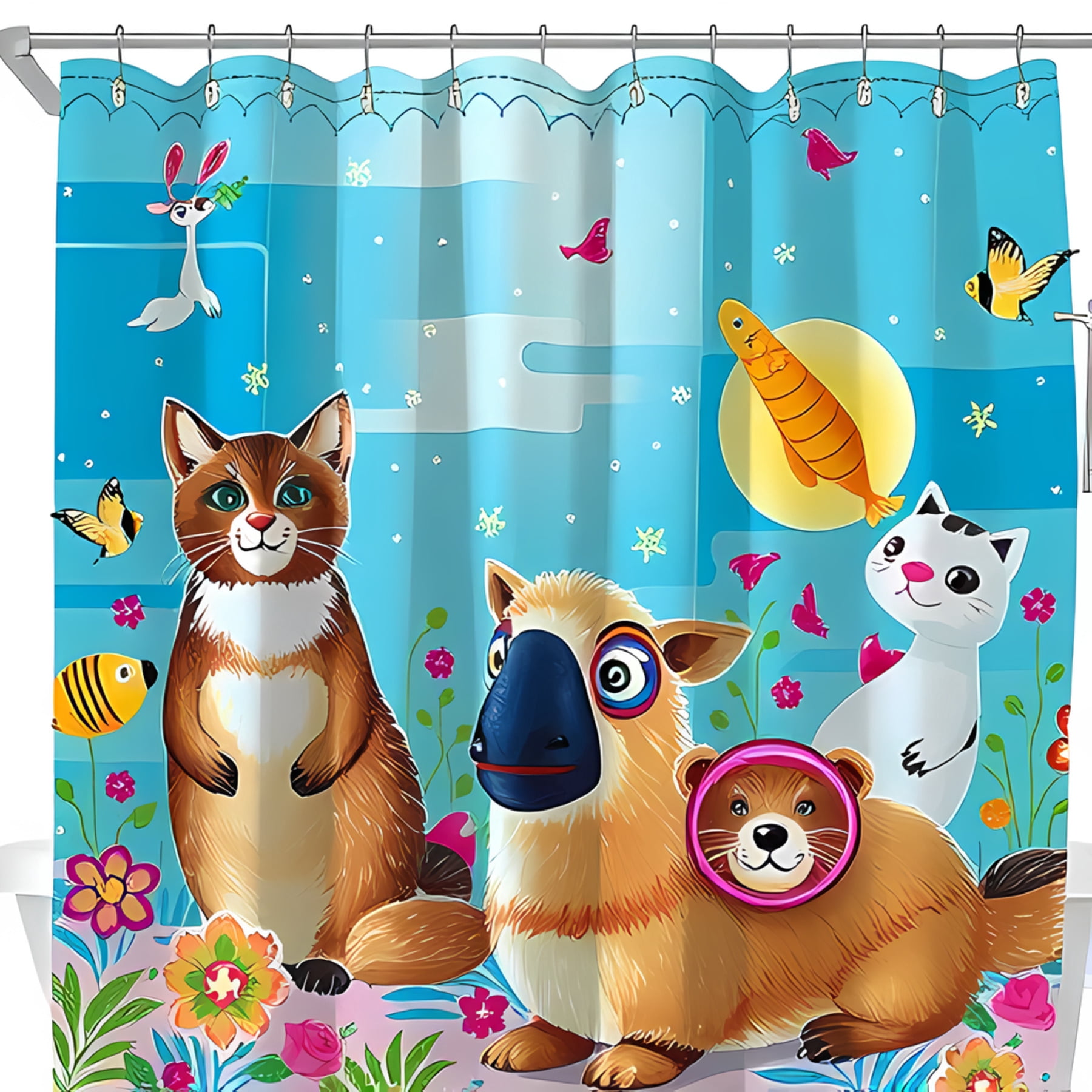 Whimsical Animal Shower Curtain - Colorful Cartoon Design with Cats ...