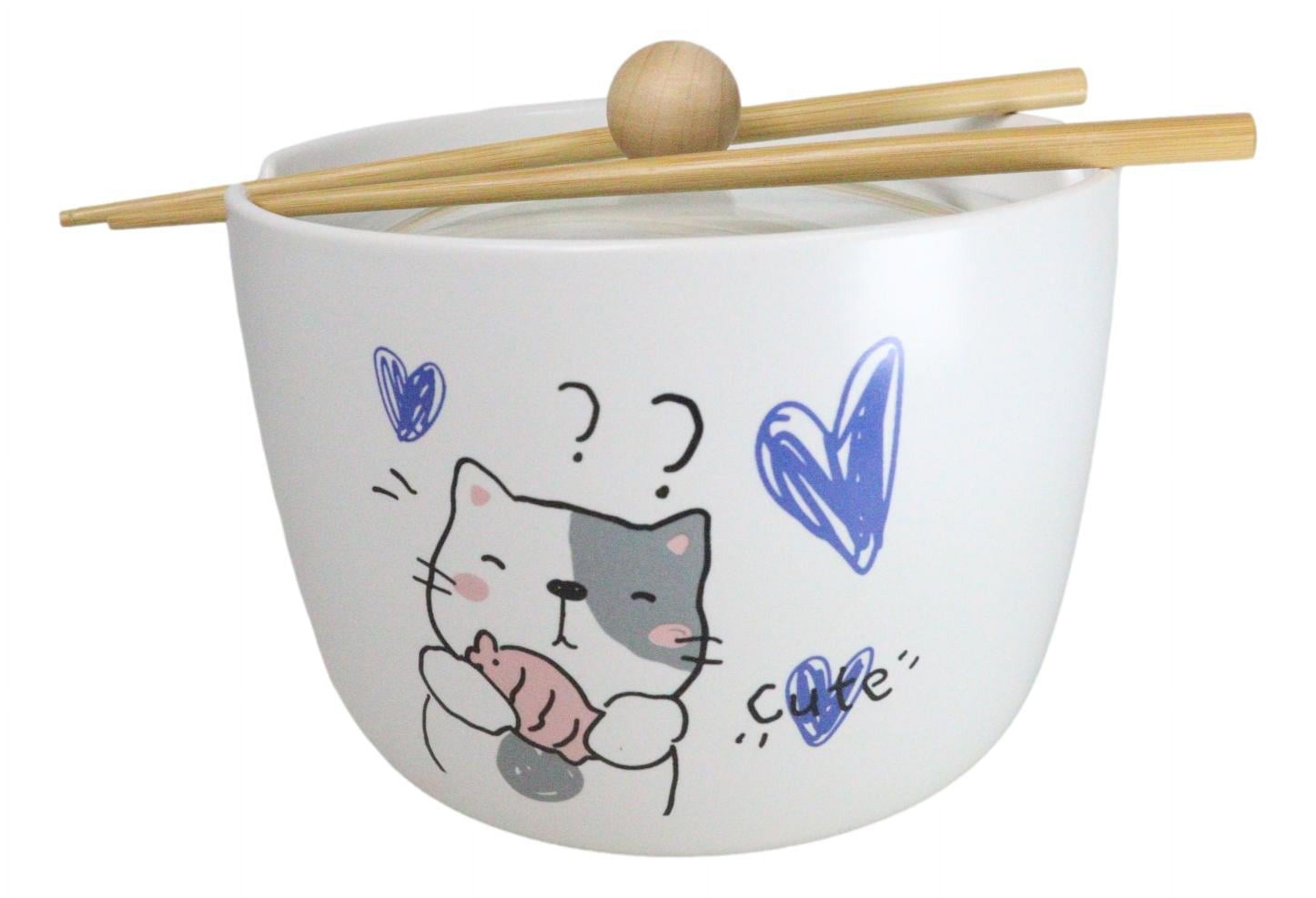 Whimsical Anime Cat With Fish Donburi Ramen Soup Bowl With Chopsticks ...