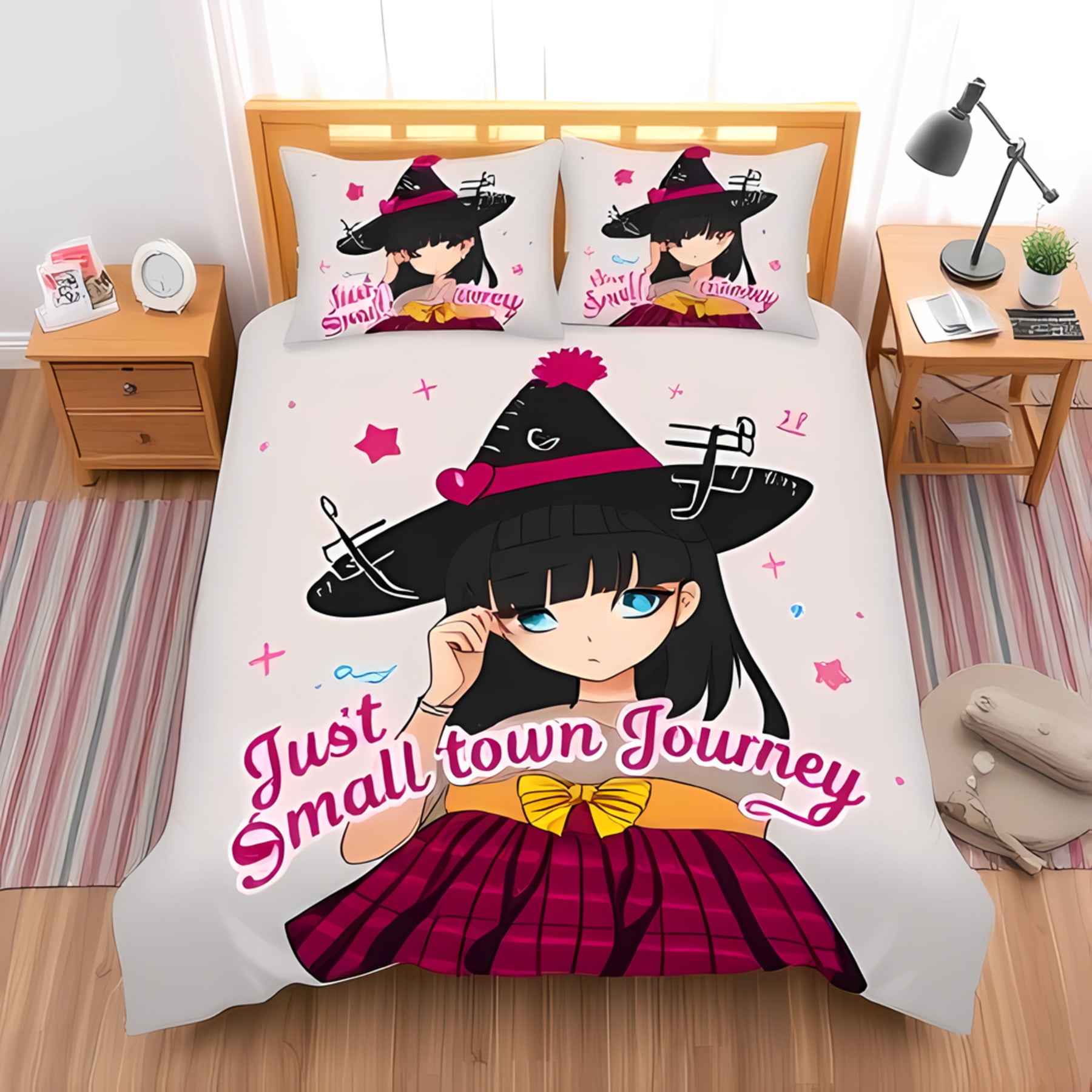 Whimsical Anime Girl Duvet Cover Set - 3-Piece Light Grey Bedding with ...