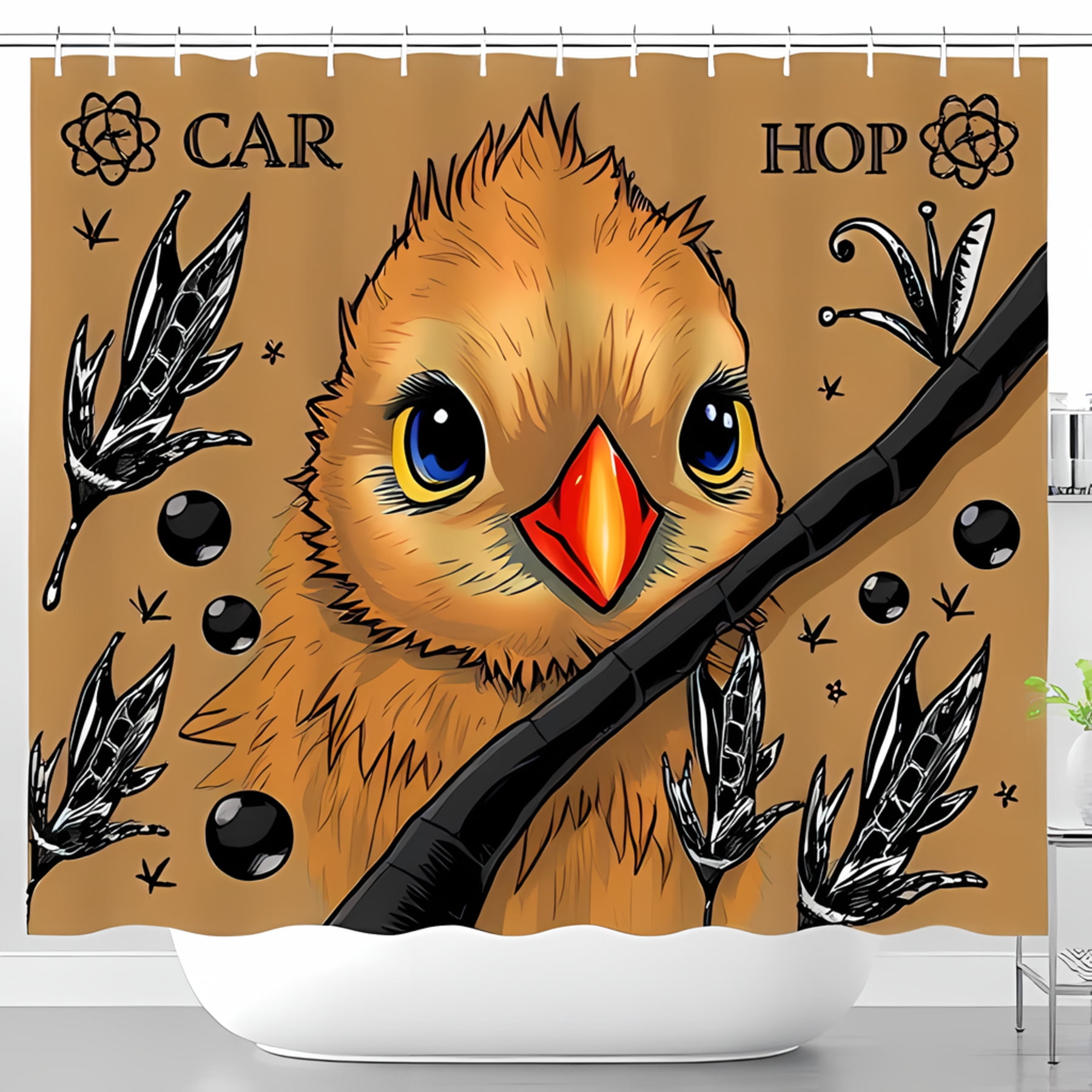 Whimsical Art Bird Shower Curtain with Floral Motifs and Bold Text ...