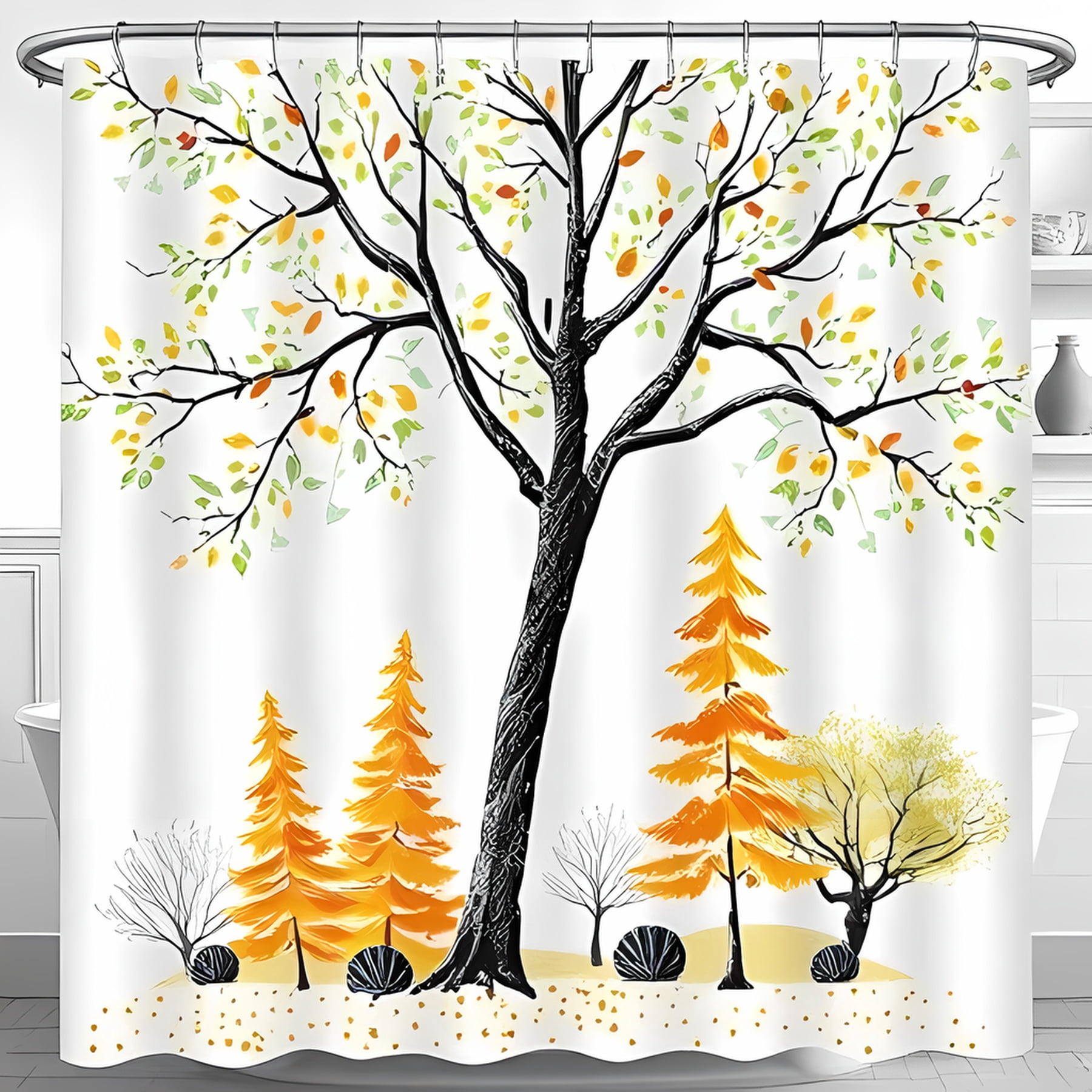 Whimsical Autumn Shower Curtain - Vibrant Fall Tree Design with Pine ...