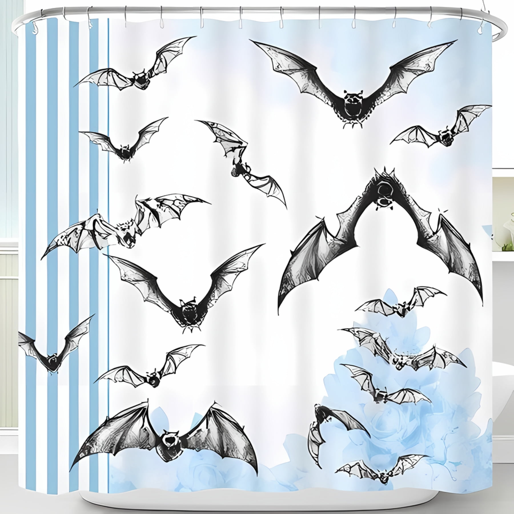 Whimsical Bat Shower Curtain Elegant Black Ink Design on Soft White ...