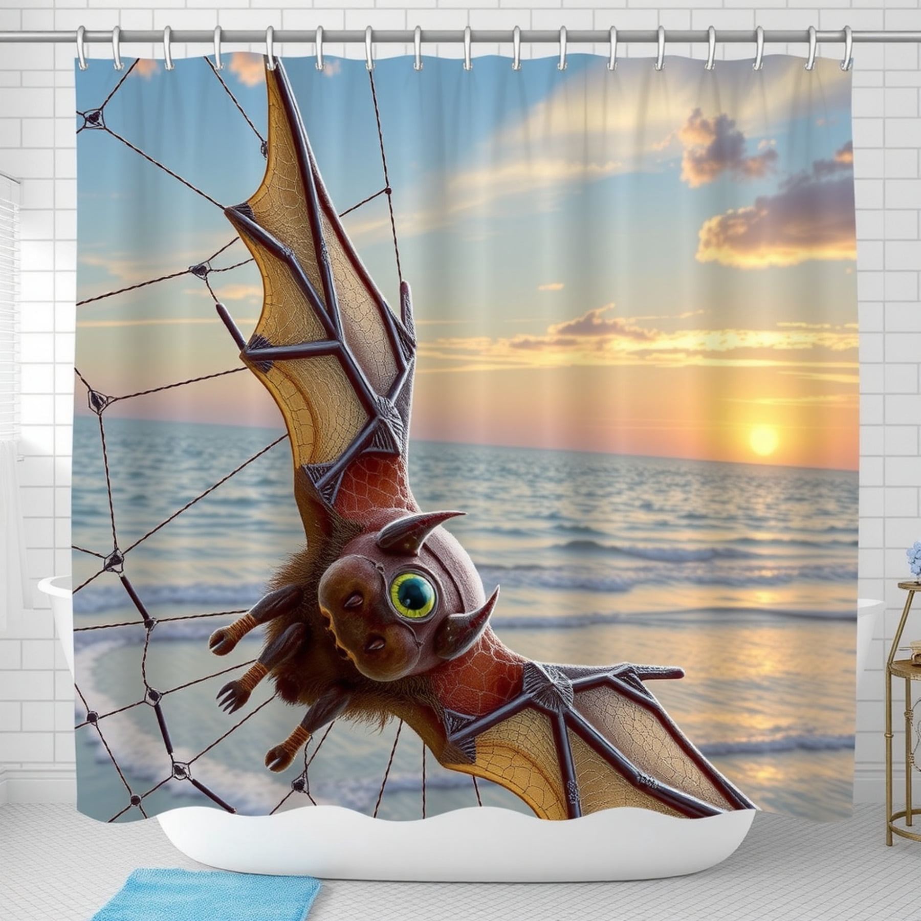 Whimsical Bat Shower Curtain - Vibrant Sunset Ocean Scene, Expressive ...