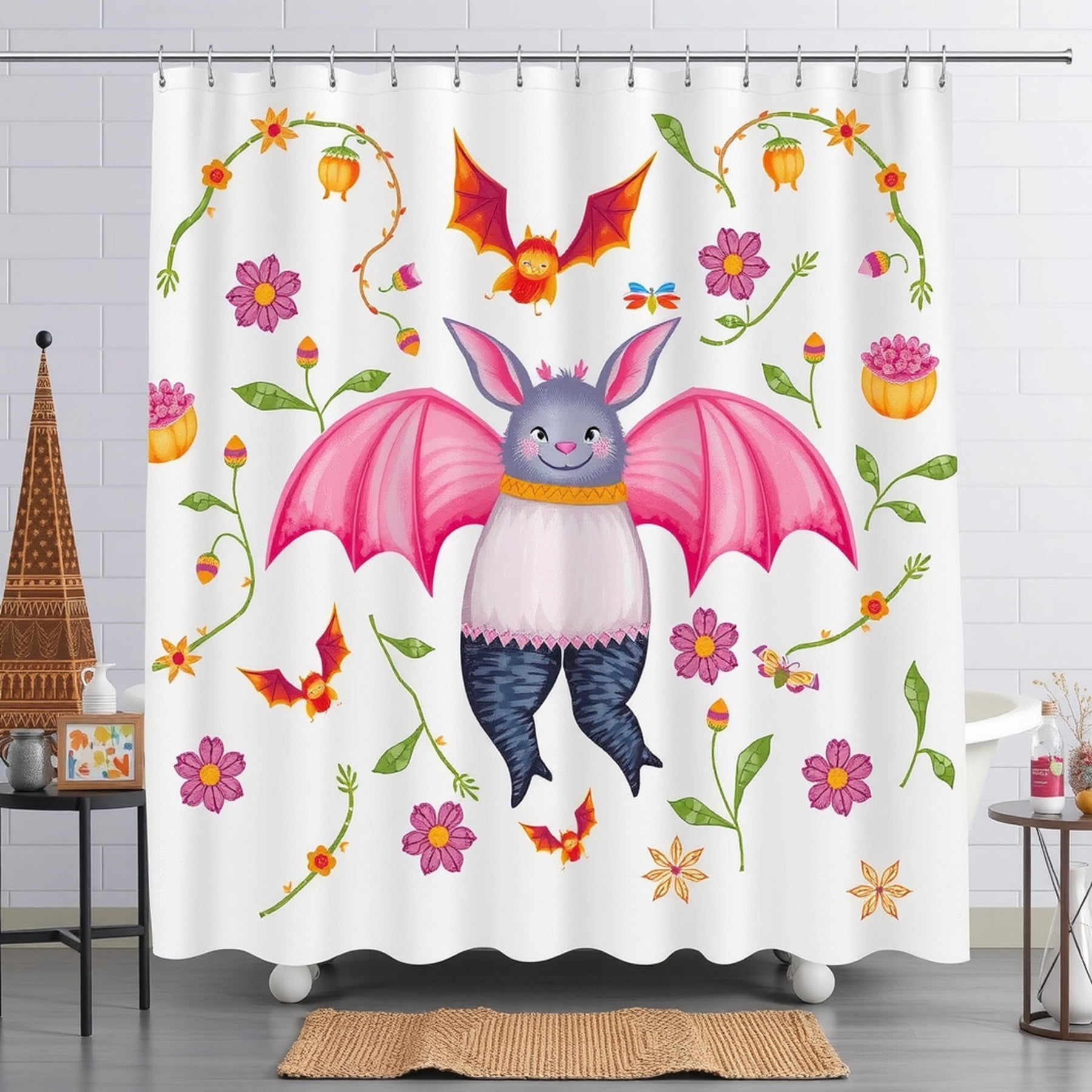 Whimsical Bat Shower Curtain with Pink Wings & Floral Design - Cheerful ...
