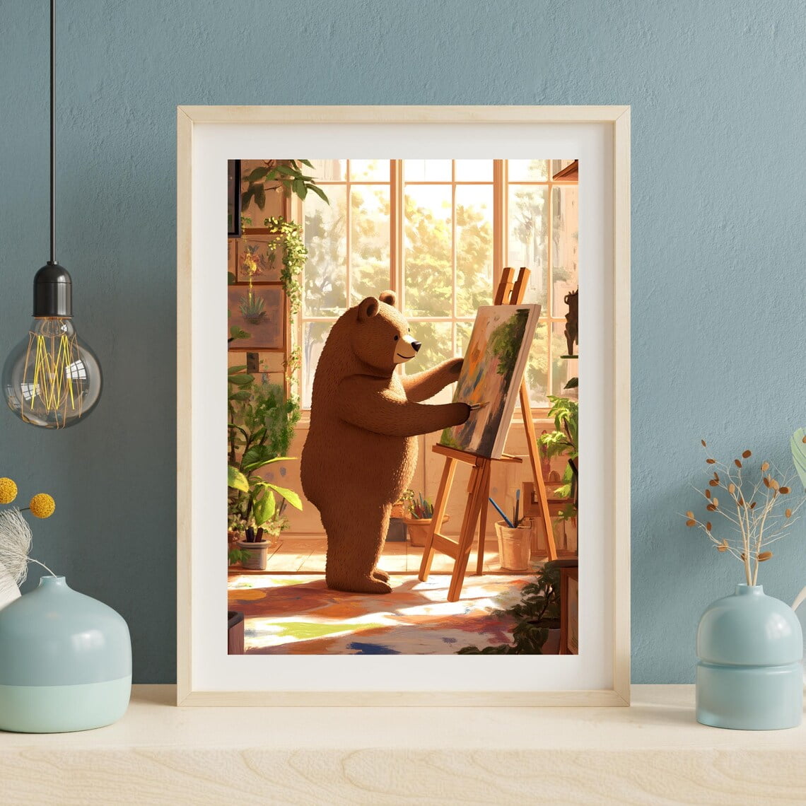 Whimsical Bear Painting Art Print, Cute Bear Artist Poster, Cozy ...
