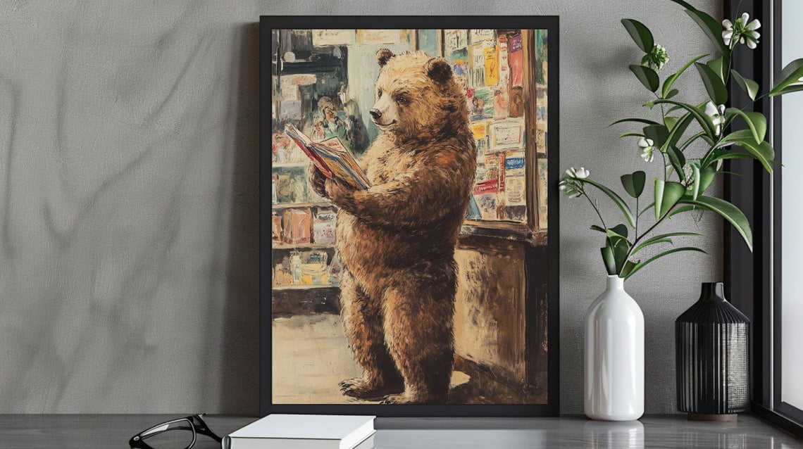 Whimsical Bear Reading Vintage Animal Bookstore Art, Perfect For Book ...