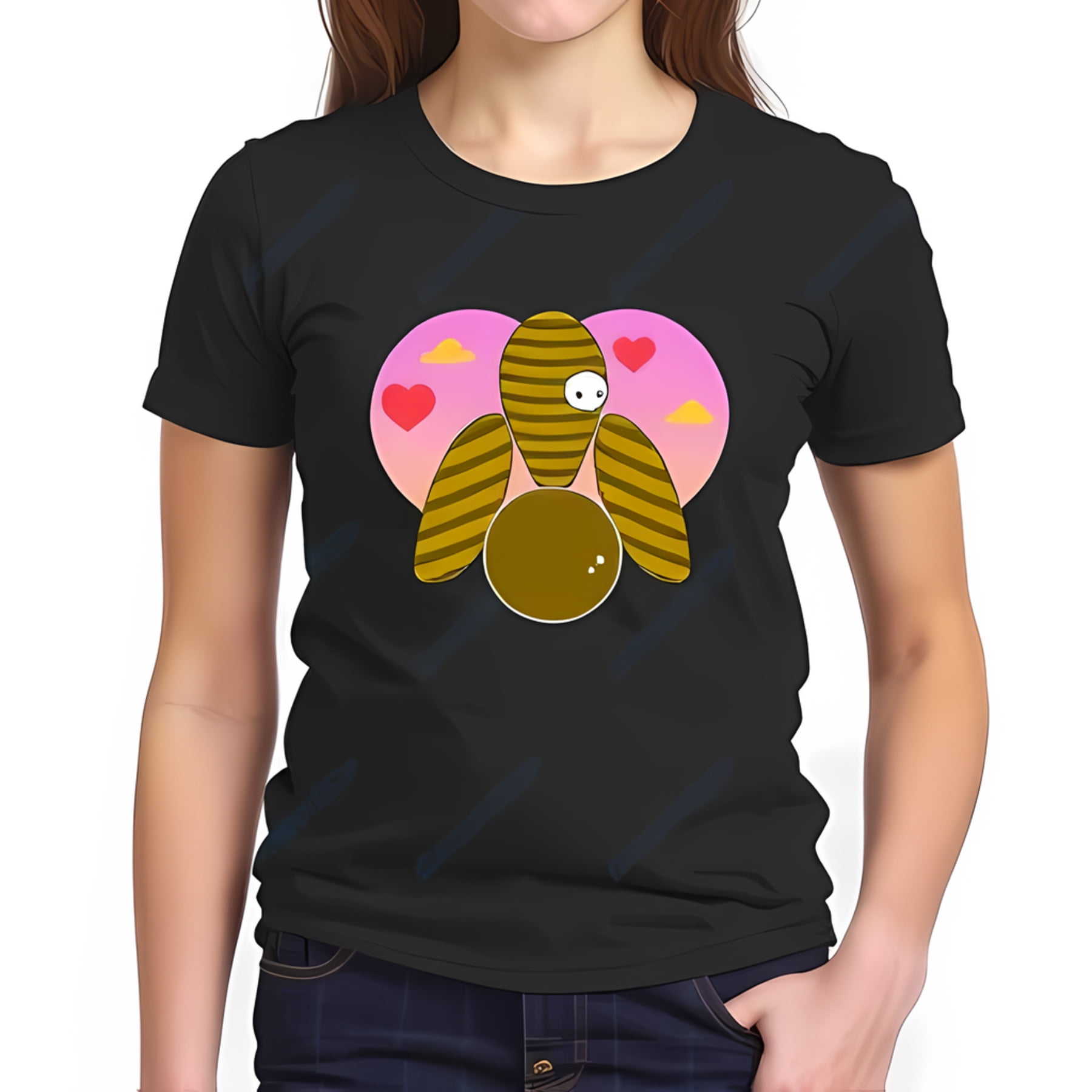 Whimsical Bee Graphic Cotton Short Sleeve T-Shirt with Heart Patterns ...