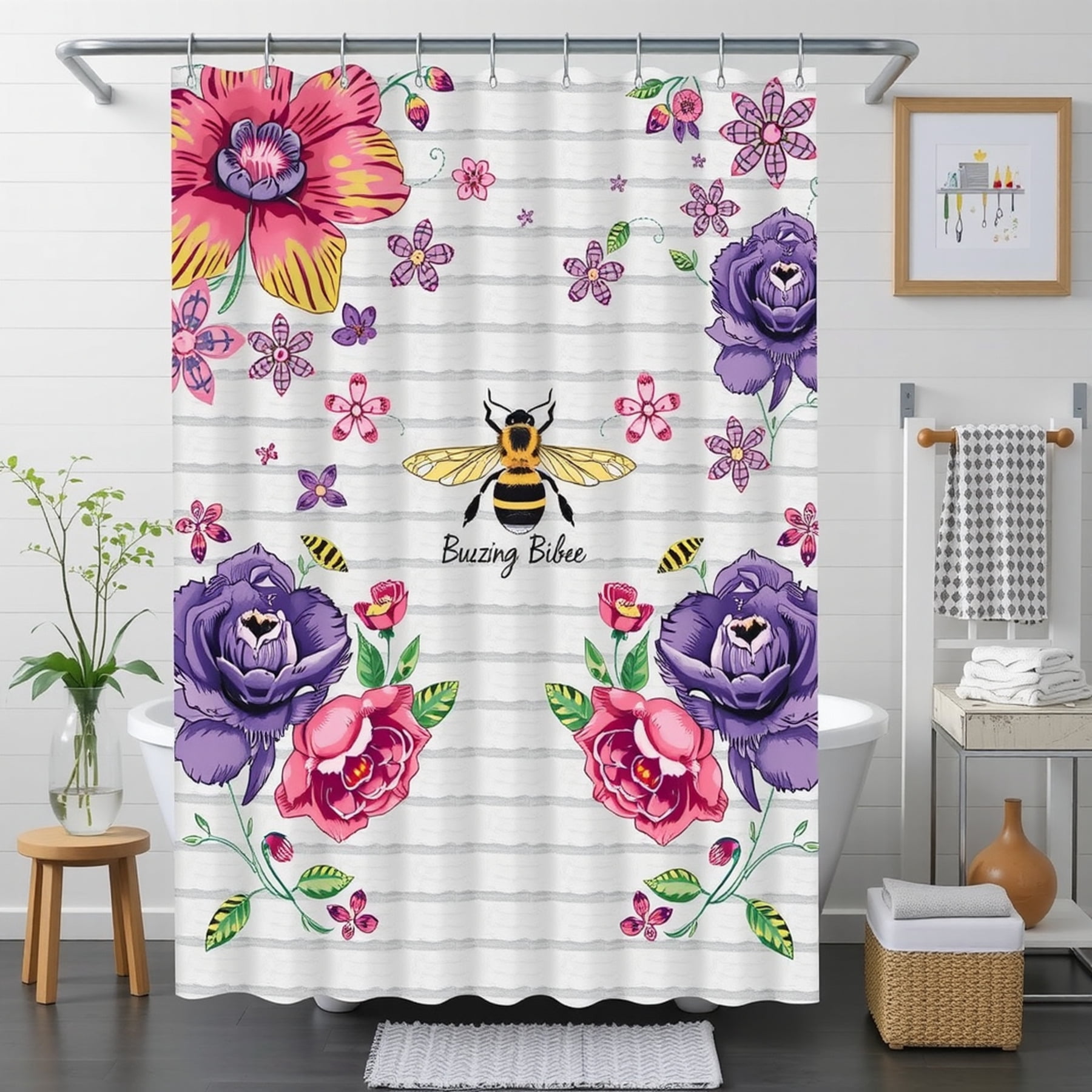 Whimsical Bee Shower Curtain with Colorful Flowers - Cheerful Bathroom ...