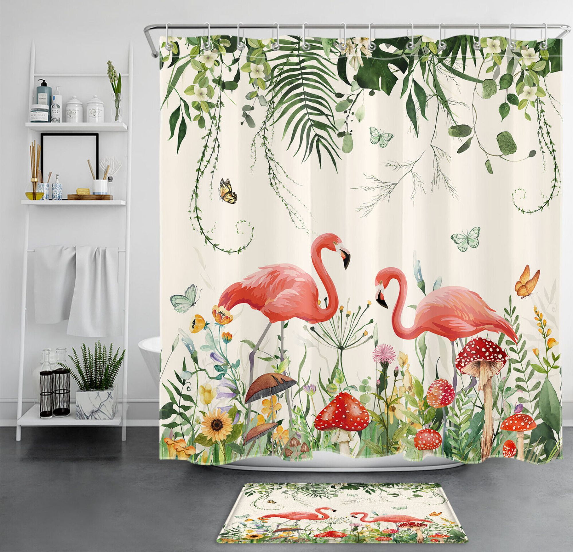 Whimsical Beige Bathroom Delight: Flamingo and Mushroom Shower Set for ...