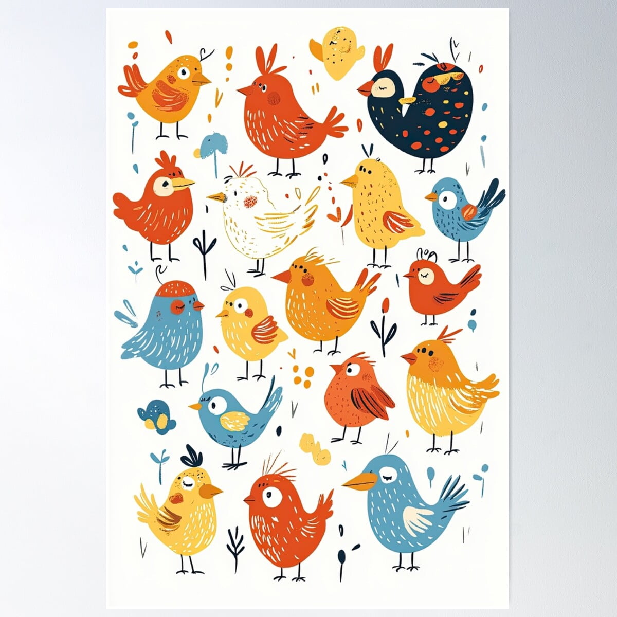 Whimsical Bird Drawings In Cartoon Style Poster Wall Art, Modern Wall ...