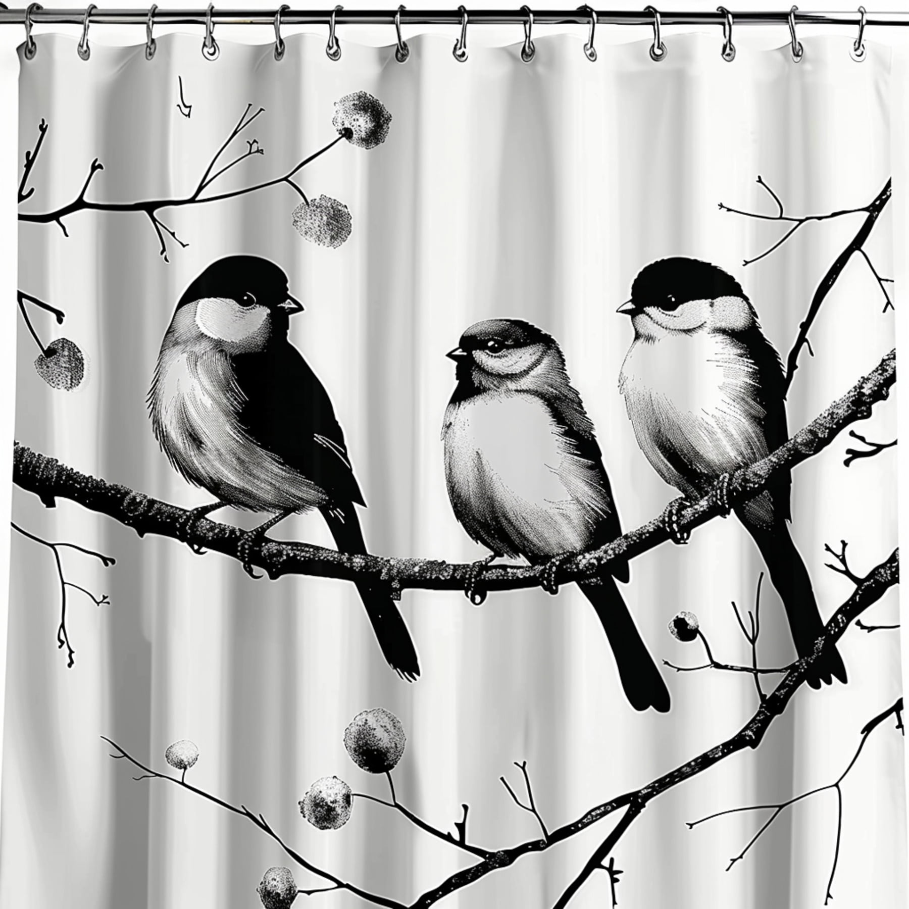 Whimsical Birds on Tree Branch Shower Curtain Elegant Black and White ...