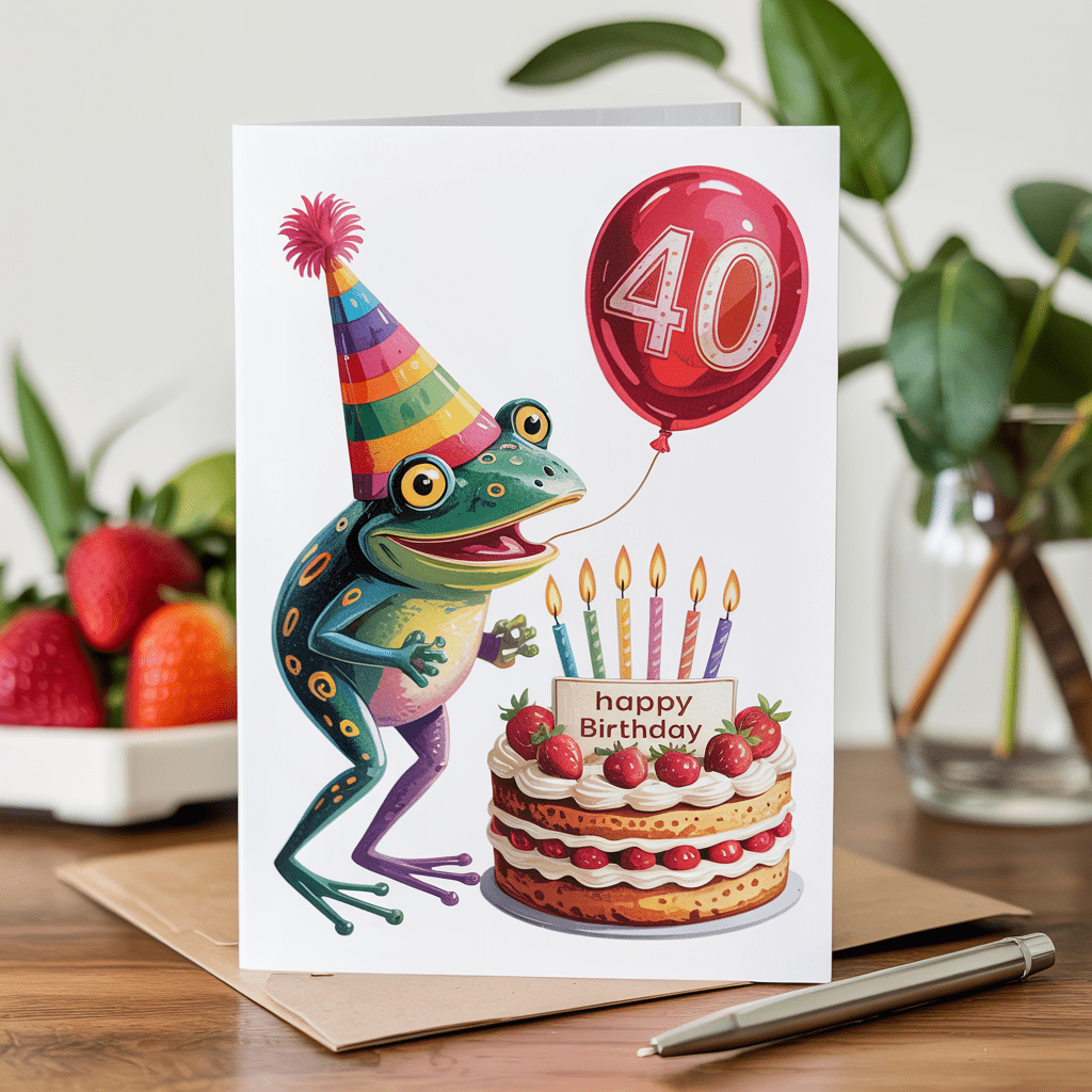 Whimsical Birthday Frog Greeting Card - Happy 40th with Cake & Balloon ...
