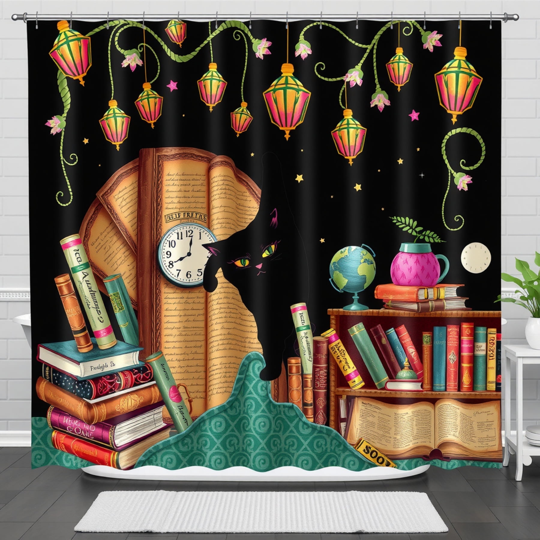 Whimsical Black Cat Shower Curtain with Clock & Starry Night Design ...