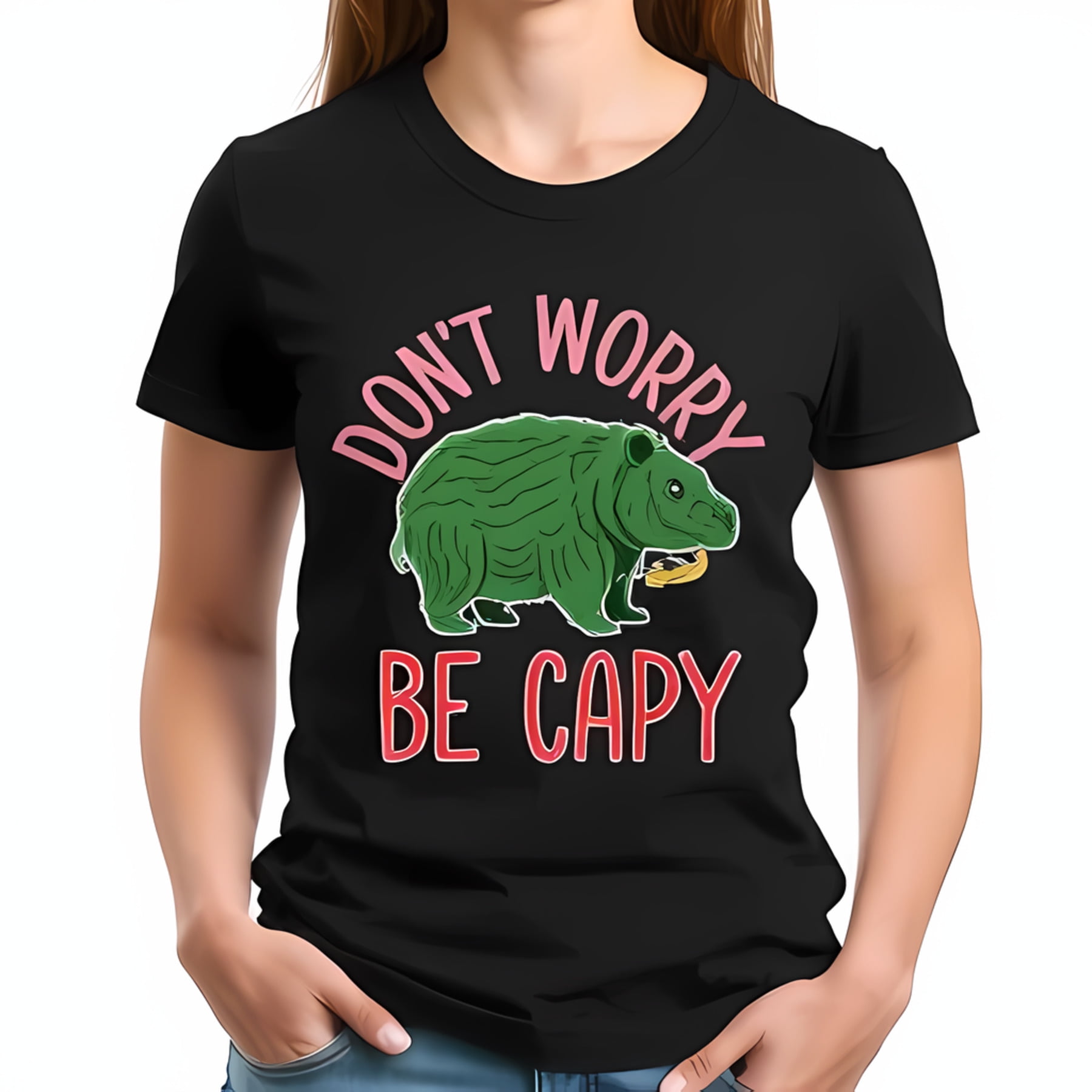 Whimsical Black Cotton Short Sleeve T-Shirt with Green Capybara & 'Don ...