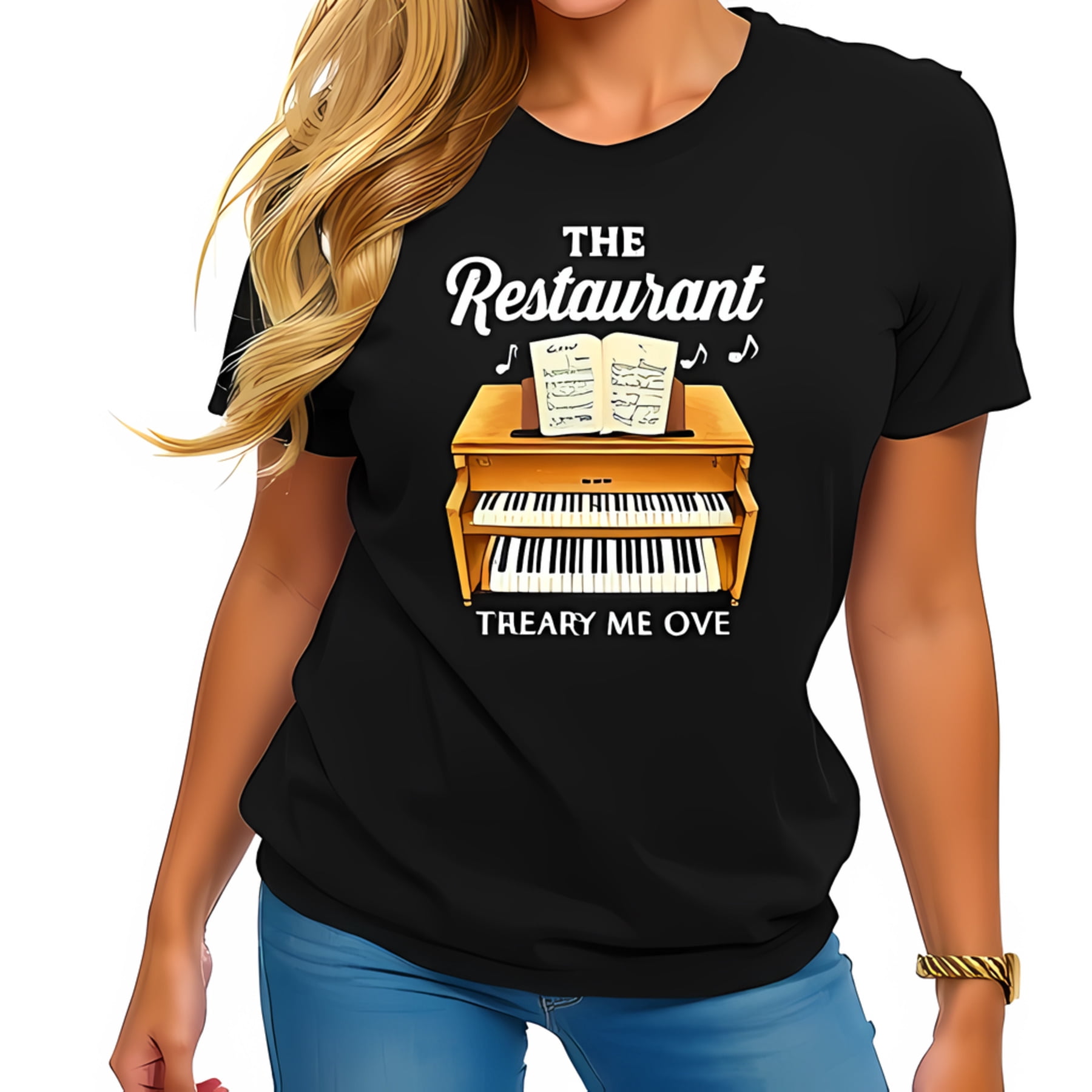 Whimsical Black Cotton Short Sleeve T-Shirt with Piano Illustration ...