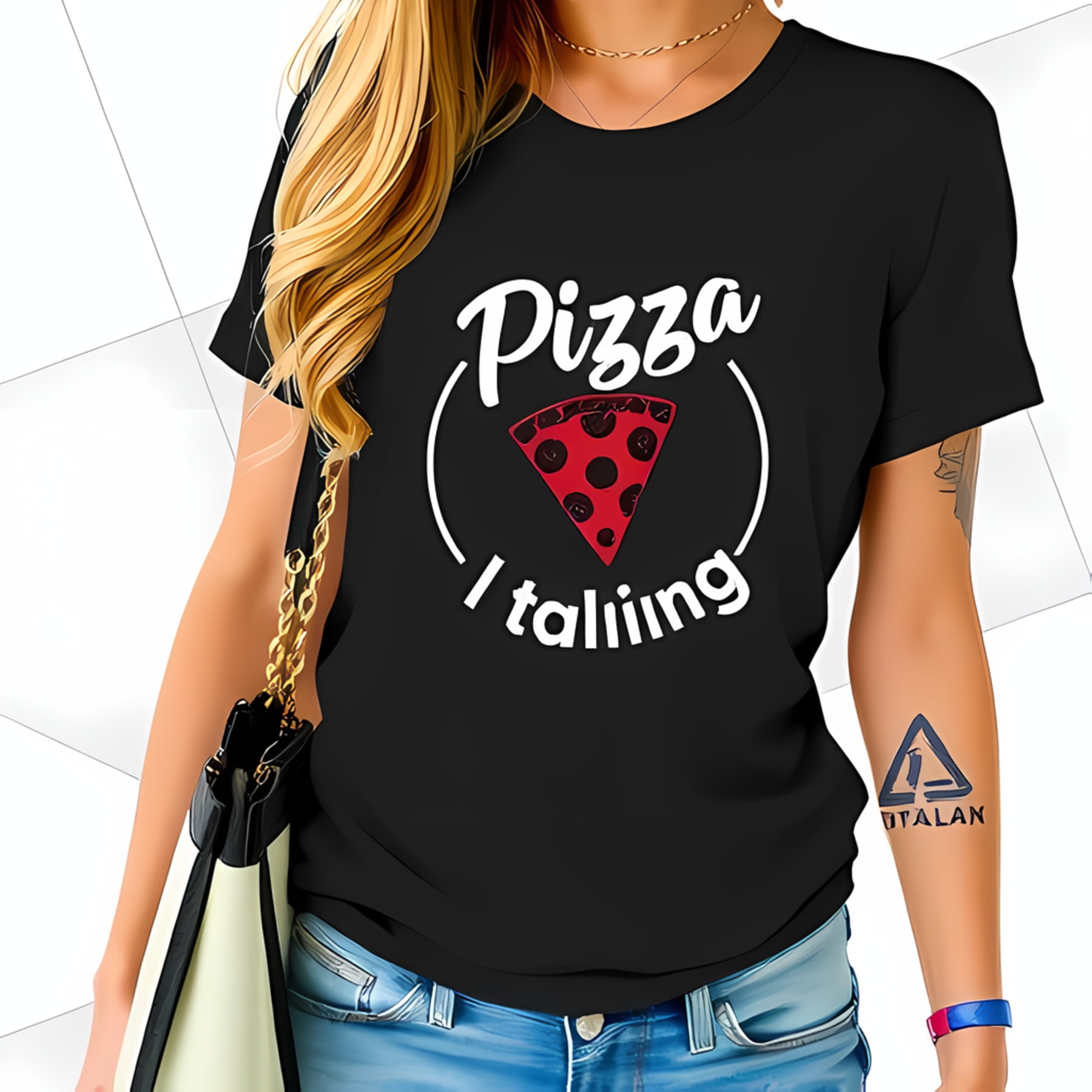 Whimsical Black Cotton Short Sleeve T-Shirt with 'Pizza' Cursive Design ...