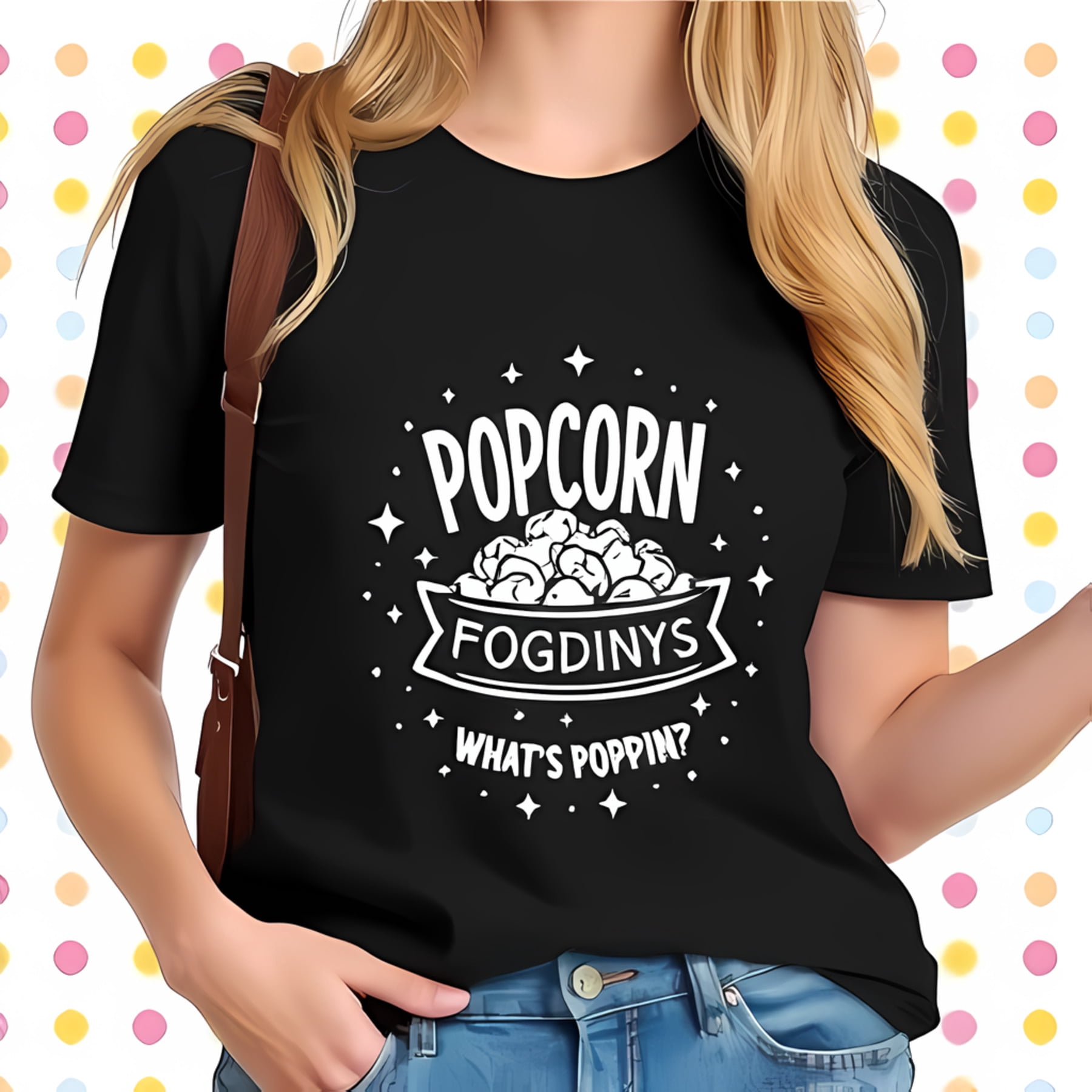 Whimsical Black Cotton Short Sleeve T-Shirt with Playful Popcorn ...