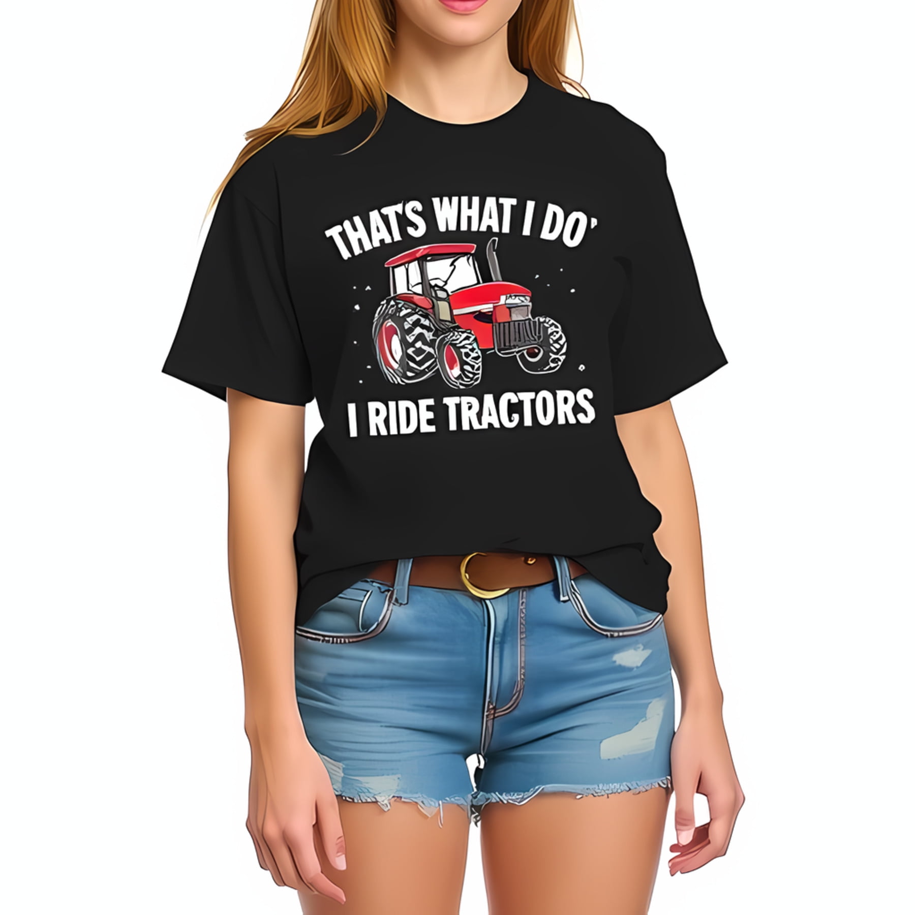 Whimsical Black Cotton Short Sleeve T-Shirt with Red Tractor ...