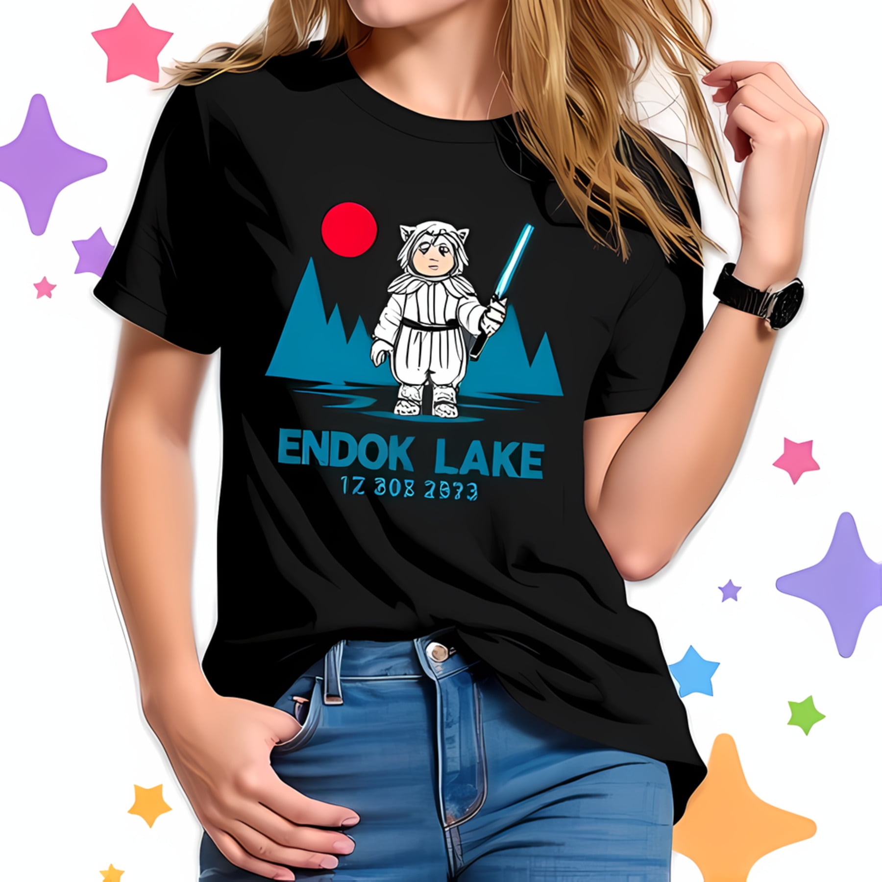 Whimsical Black Cotton Short Sleeve T-Shirt with Snow- Creature & Design " ENDOK LAKE 12 30B ...