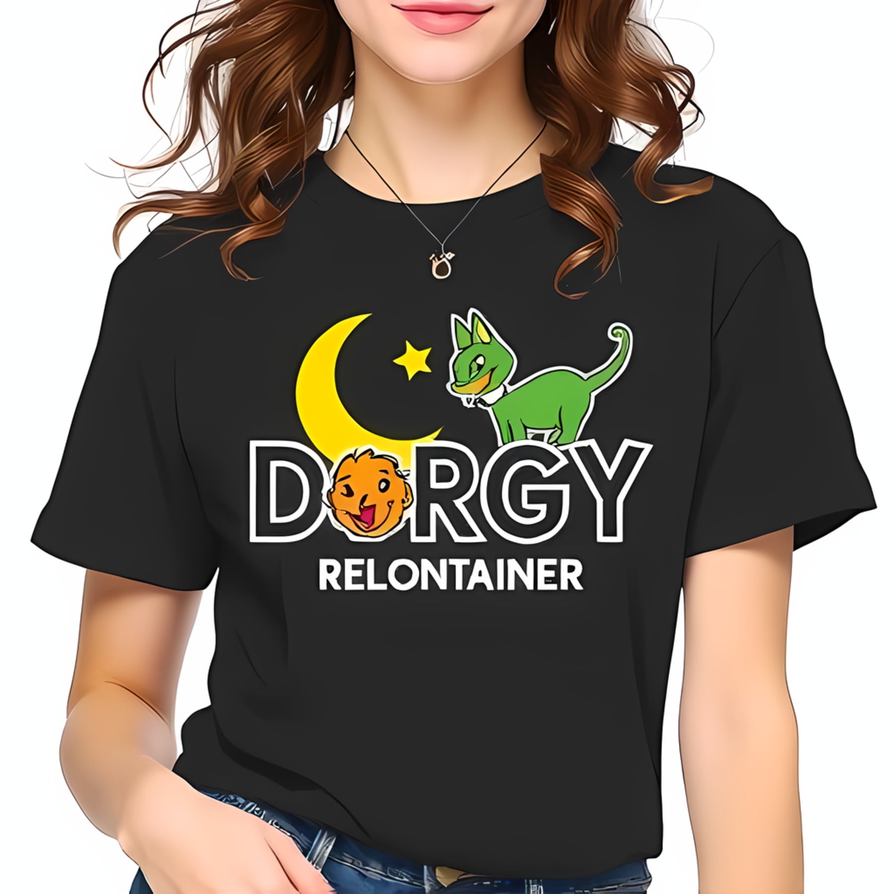 Whimsical Black Cotton Short Sleeve T-Shirt with Star Cartoon Creature ...