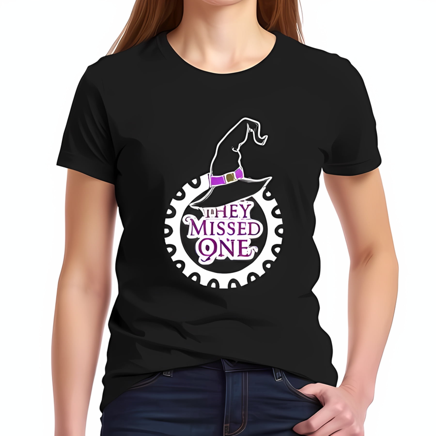 Whimsical Black Cotton Short Sleeve T-Shirt with Witch's Hat & Gear ...