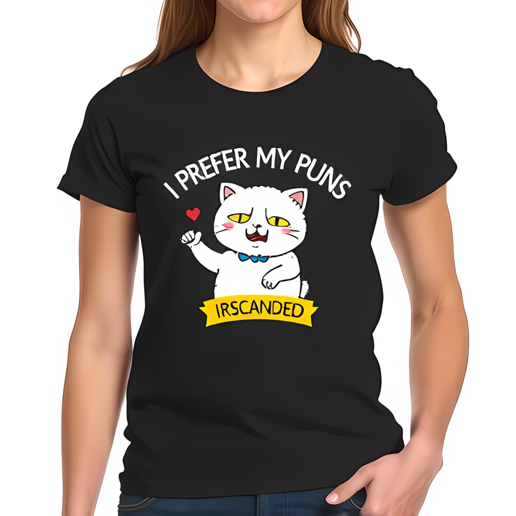 Whimsical Black Cotton T-Shirt with Cartoon Cat in Bow Tie & Punny " I ...