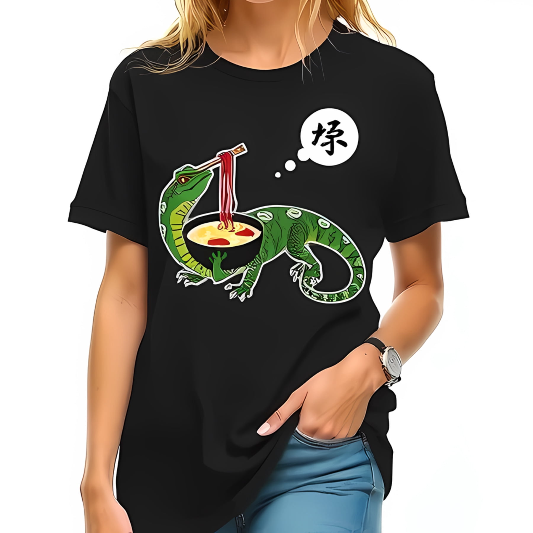 Whimsical Black Cotton T-Shirt with Cartoon Green Enjoying Noodles ...