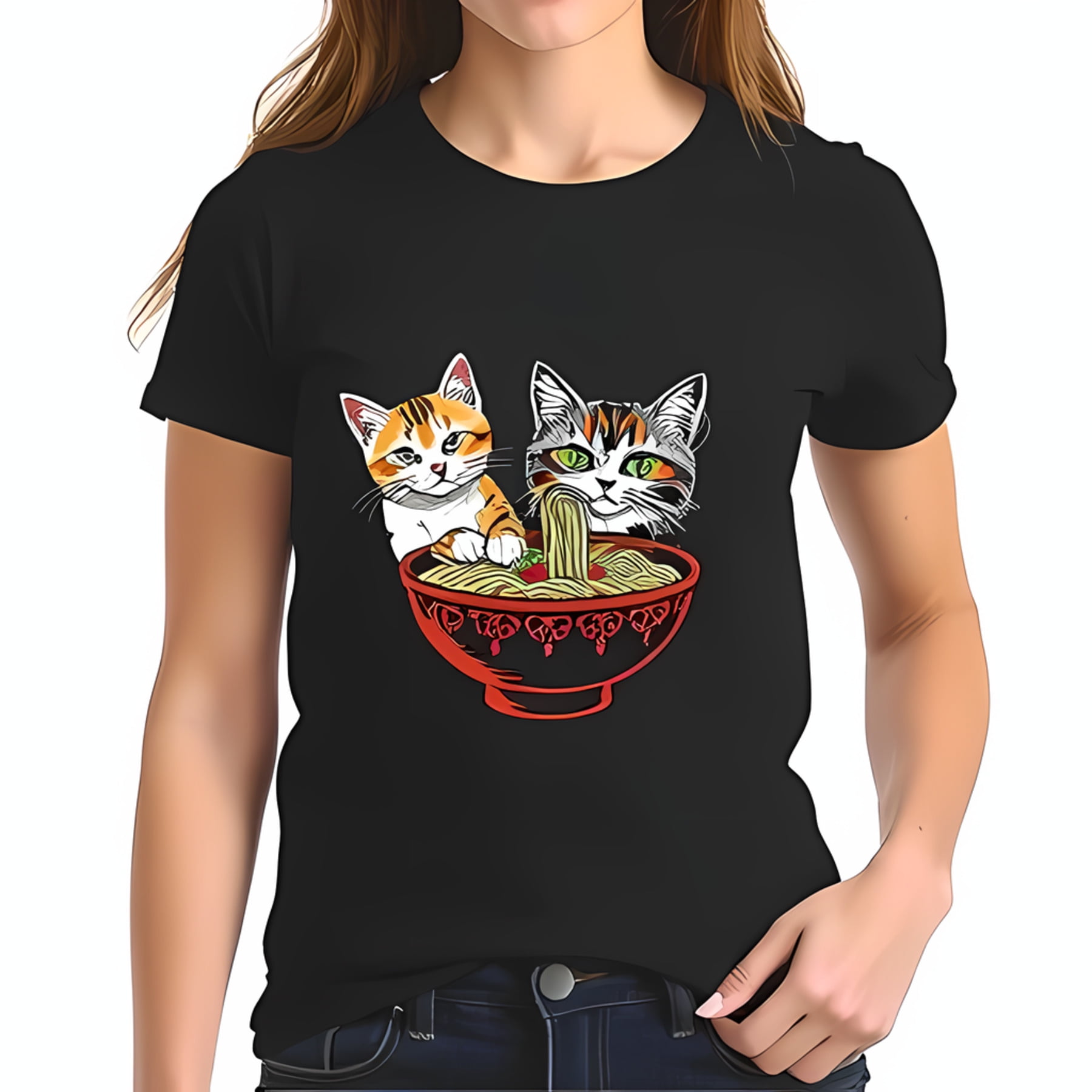 Whimsical Black Cotton T-Shirt with Playful Orange & White and Calico ...