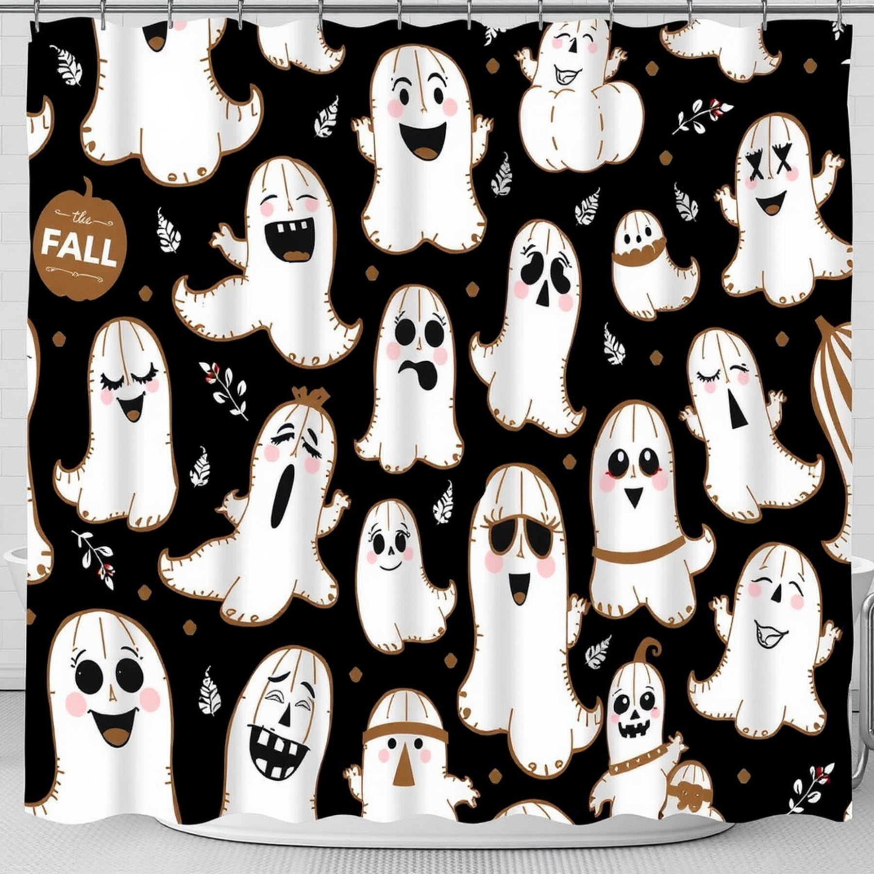 Whimsical Black Ghost Shower Curtain - Playful White Ghosts with ...