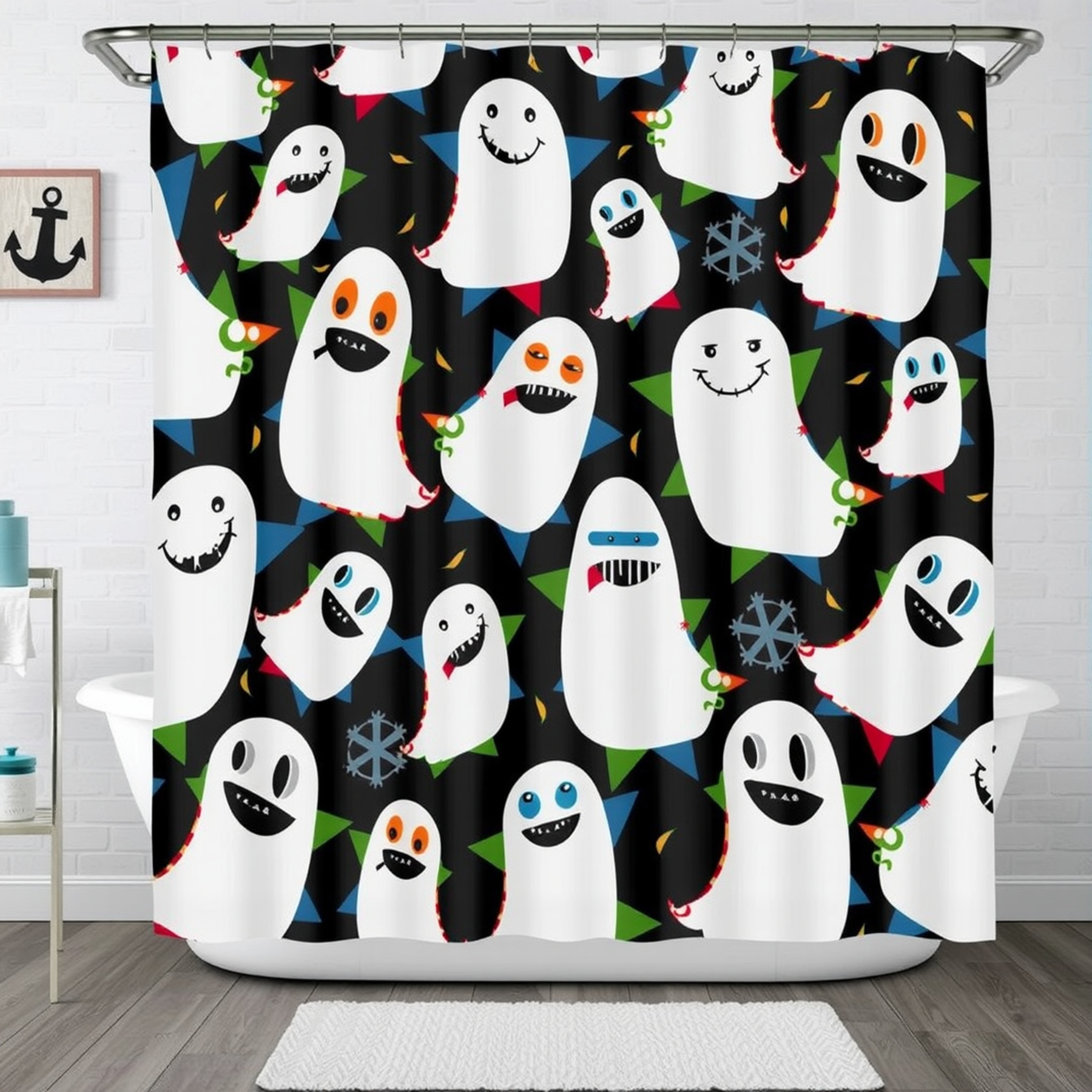 Whimsical Black Ghost Shower Curtain with Colorful Patterns - Fun ...