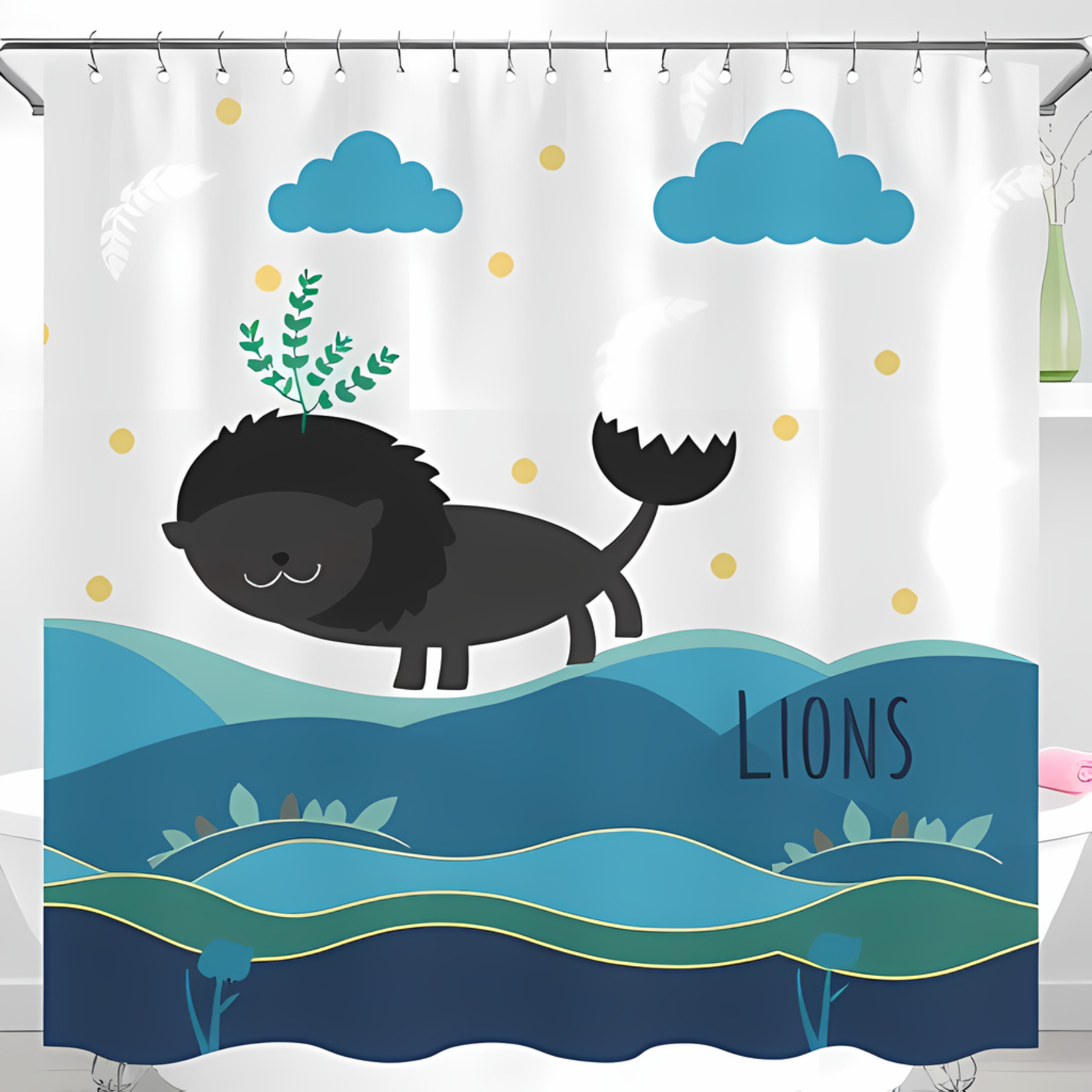 Whimsical Black Lion Shower Curtain with Playful Nature Design Wavy ...