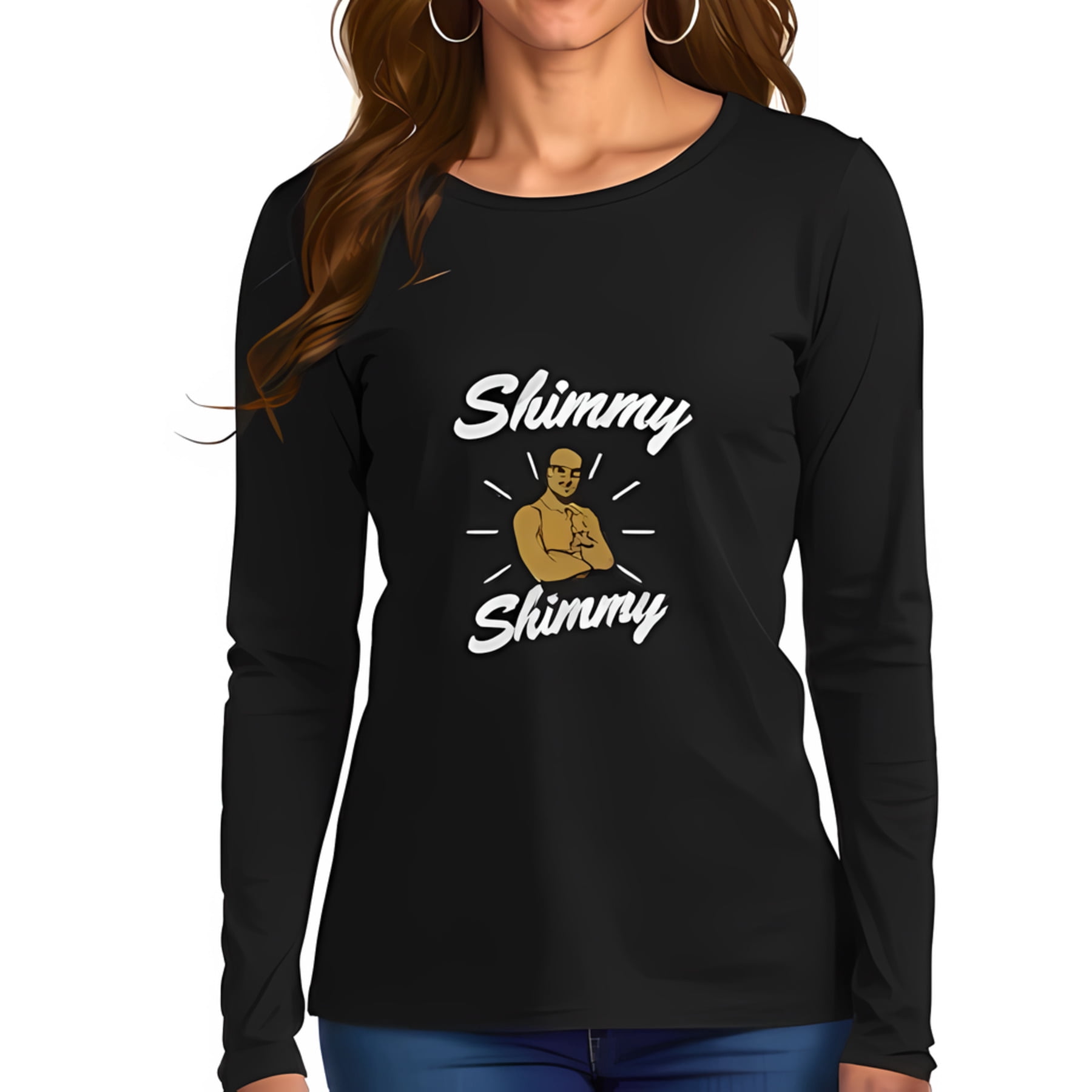 Whimsical Black Long Sleeve T-Shirt with Bold 'Shimmy' Print and Golden ...
