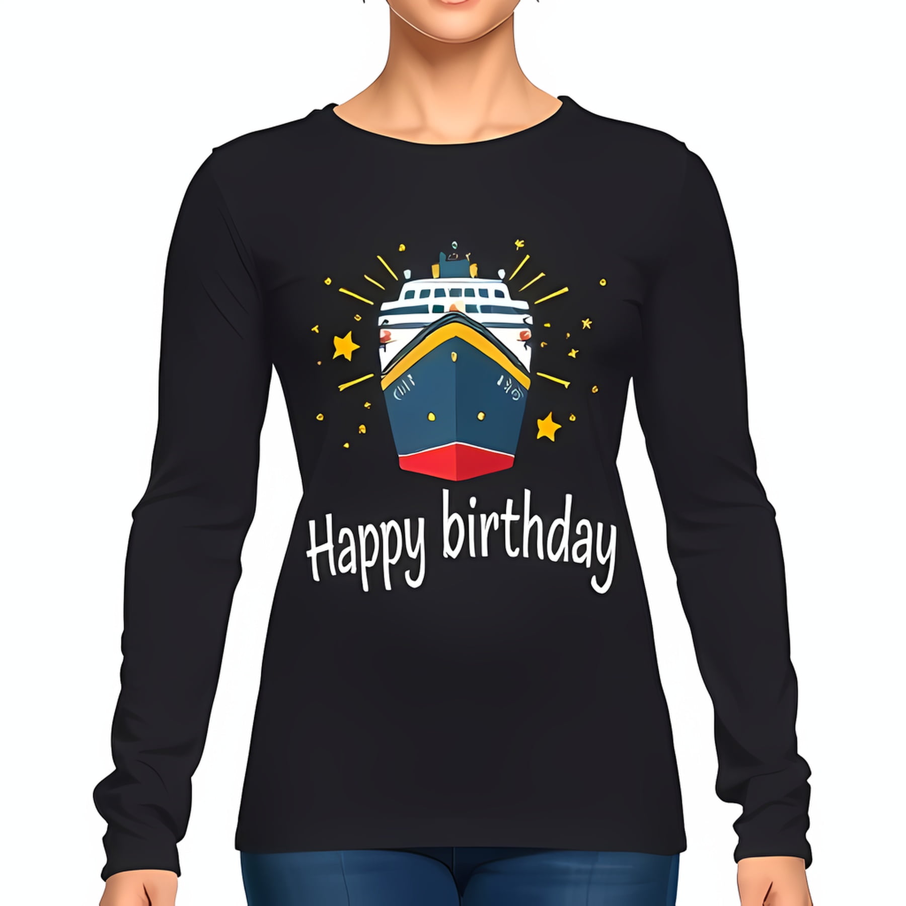 Whimsical Black Long Sleeve T-Shirt with Cruise Ship Illustration ...