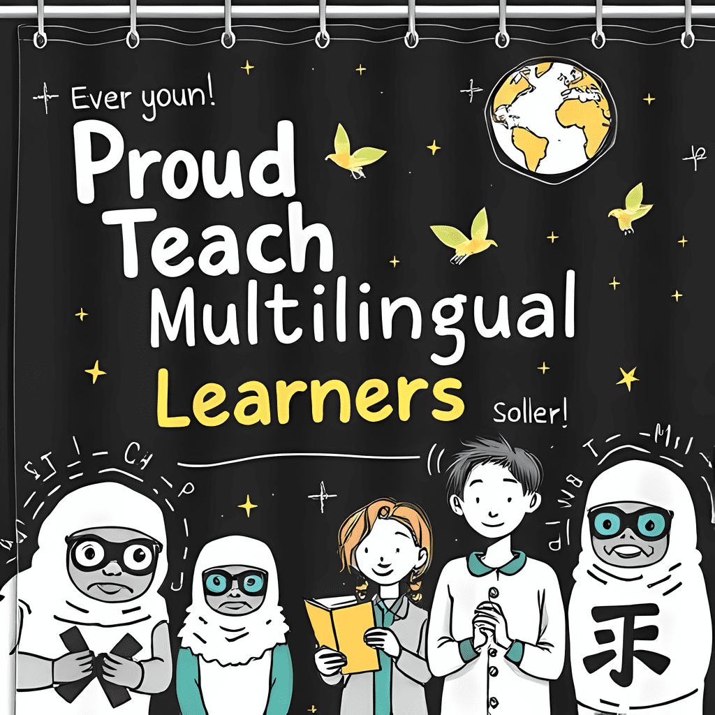 Whimsical Black Shower Curtain - "Proud to Teach Multilingual Learners" with Adorable Cartoon ...