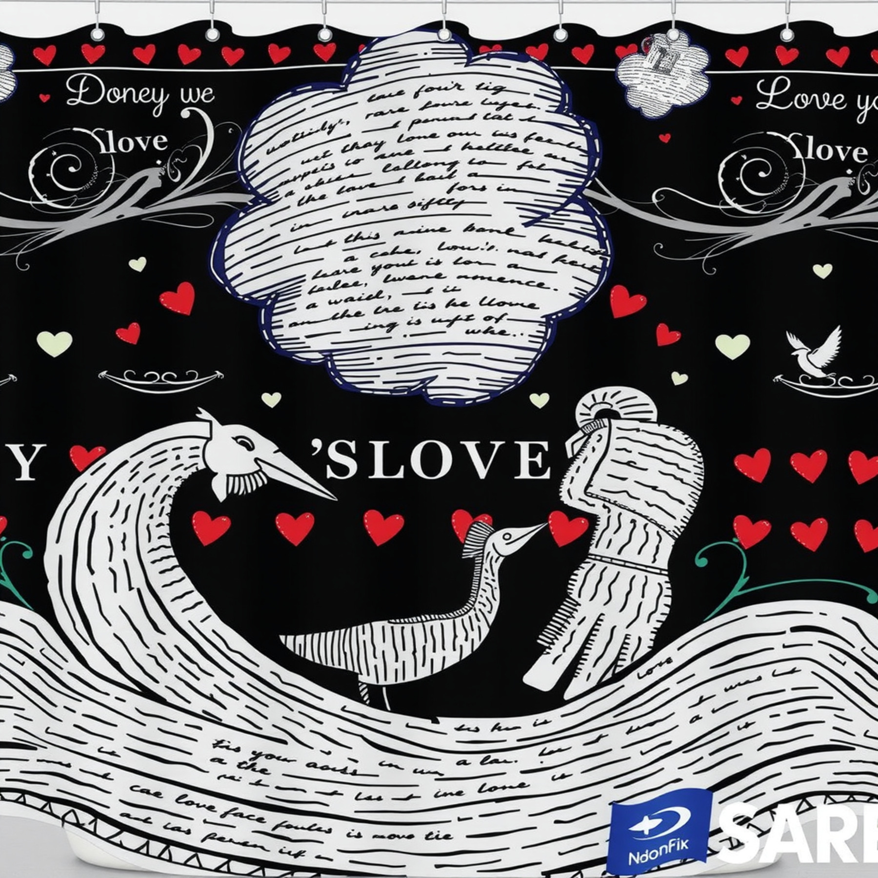 Whimsical Black Shower Curtain with Birds, Heart Cloud & Poem "Doney We ...